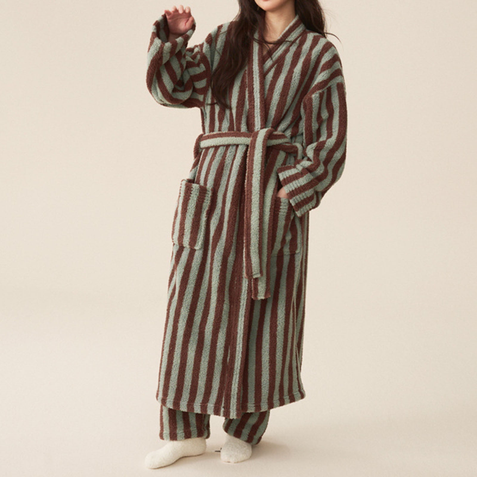Women's Fuzzy Fleece Long Robes Striped Soft Warm Thickened Oversized V ...