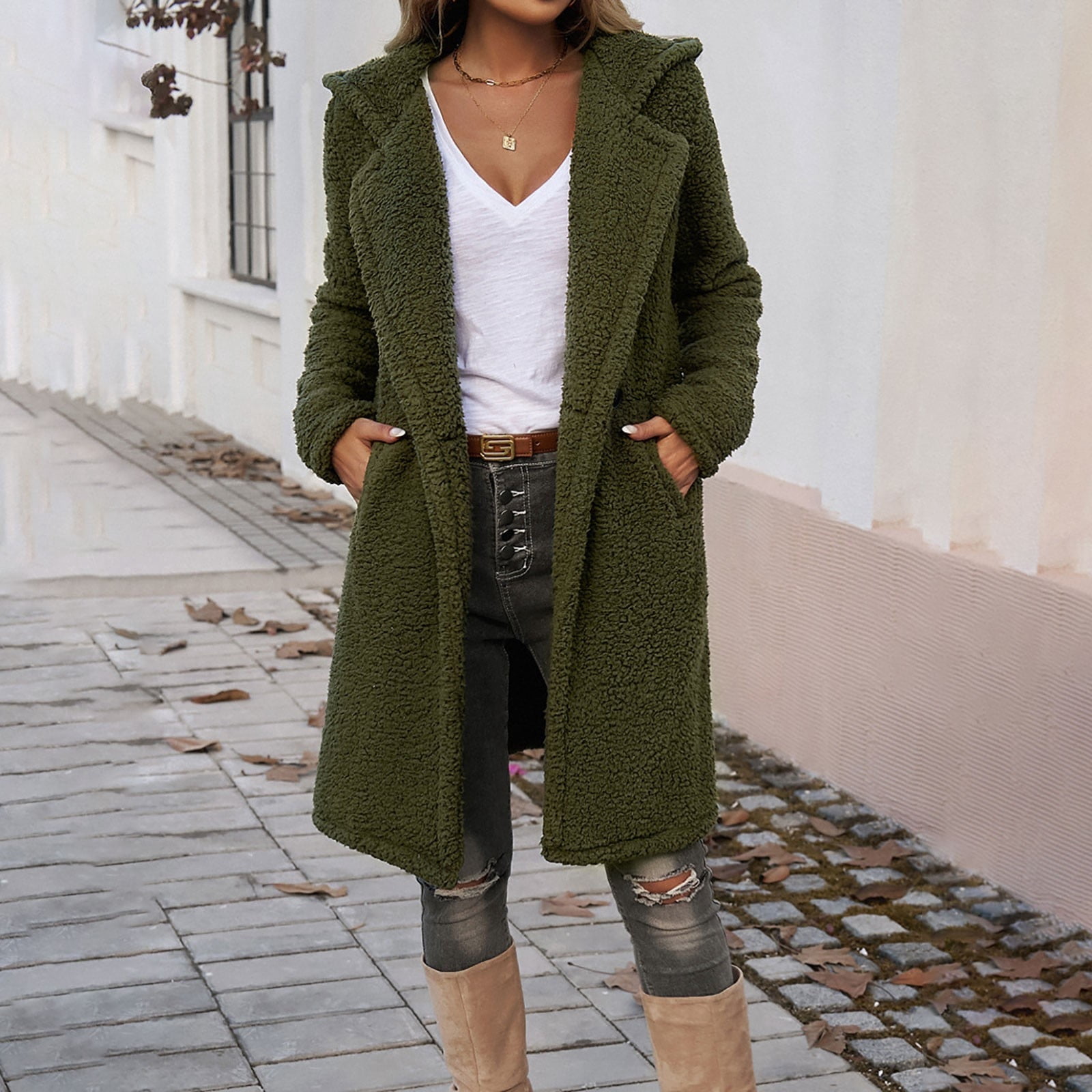 Women's Fuzzy Long Hooded Jacket Lapel Open Front Cardigan Button Down ...