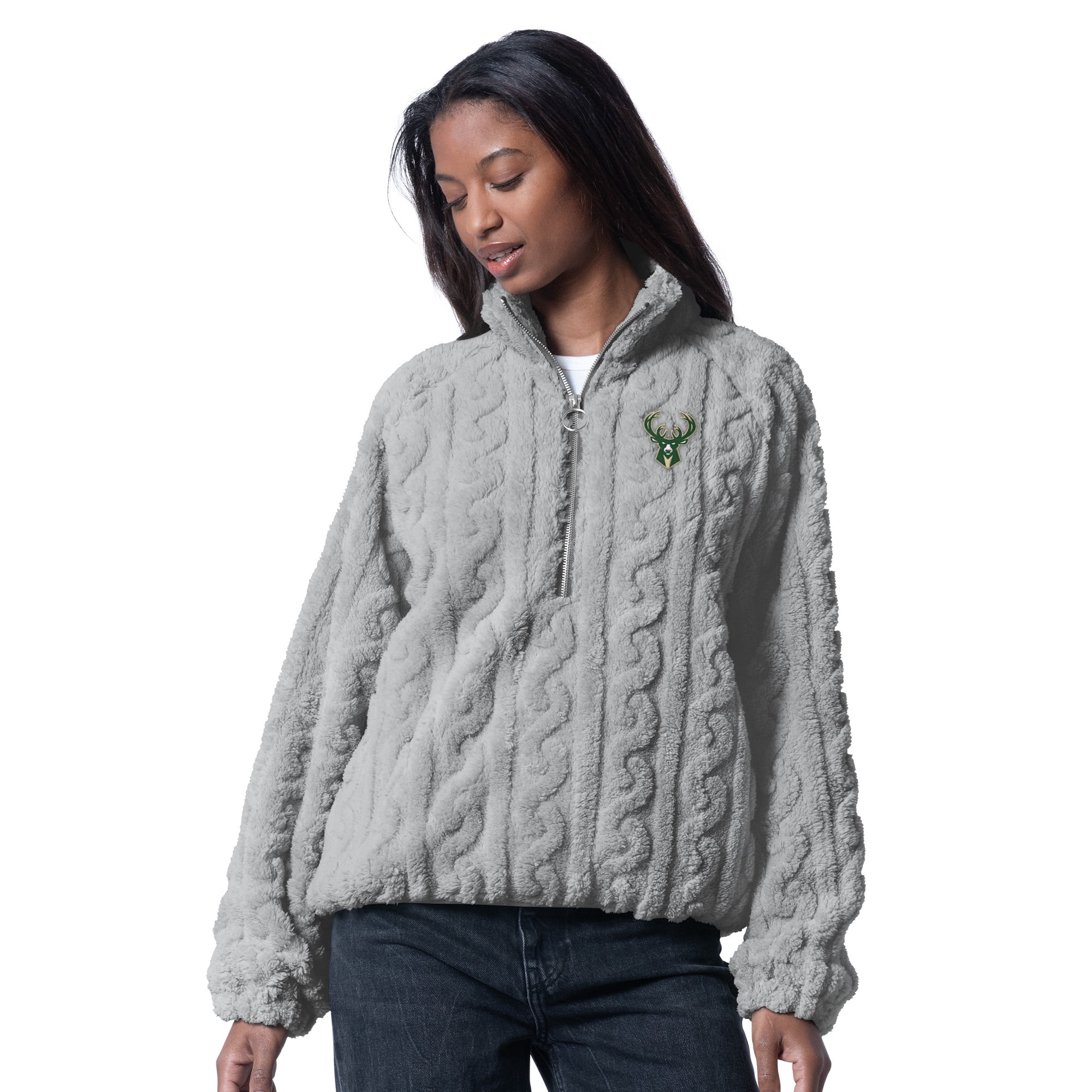 Women's G-III 4Her by Carl Banks Gray Milwaukee Bucks Champ Half-Zip ...