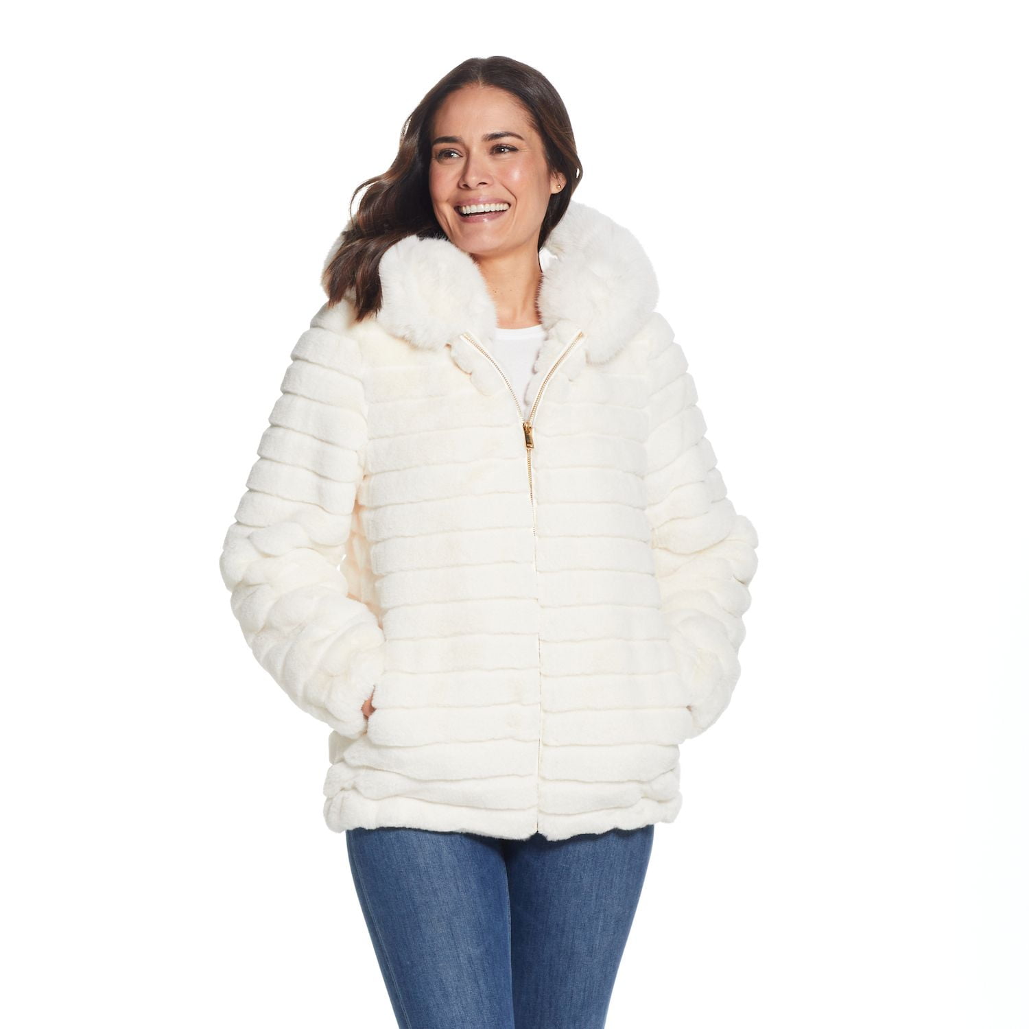 Women's Gallery Hooded Grooved Faux-Fur Jacket Color: Cream Size: LARGE - Walmart.com