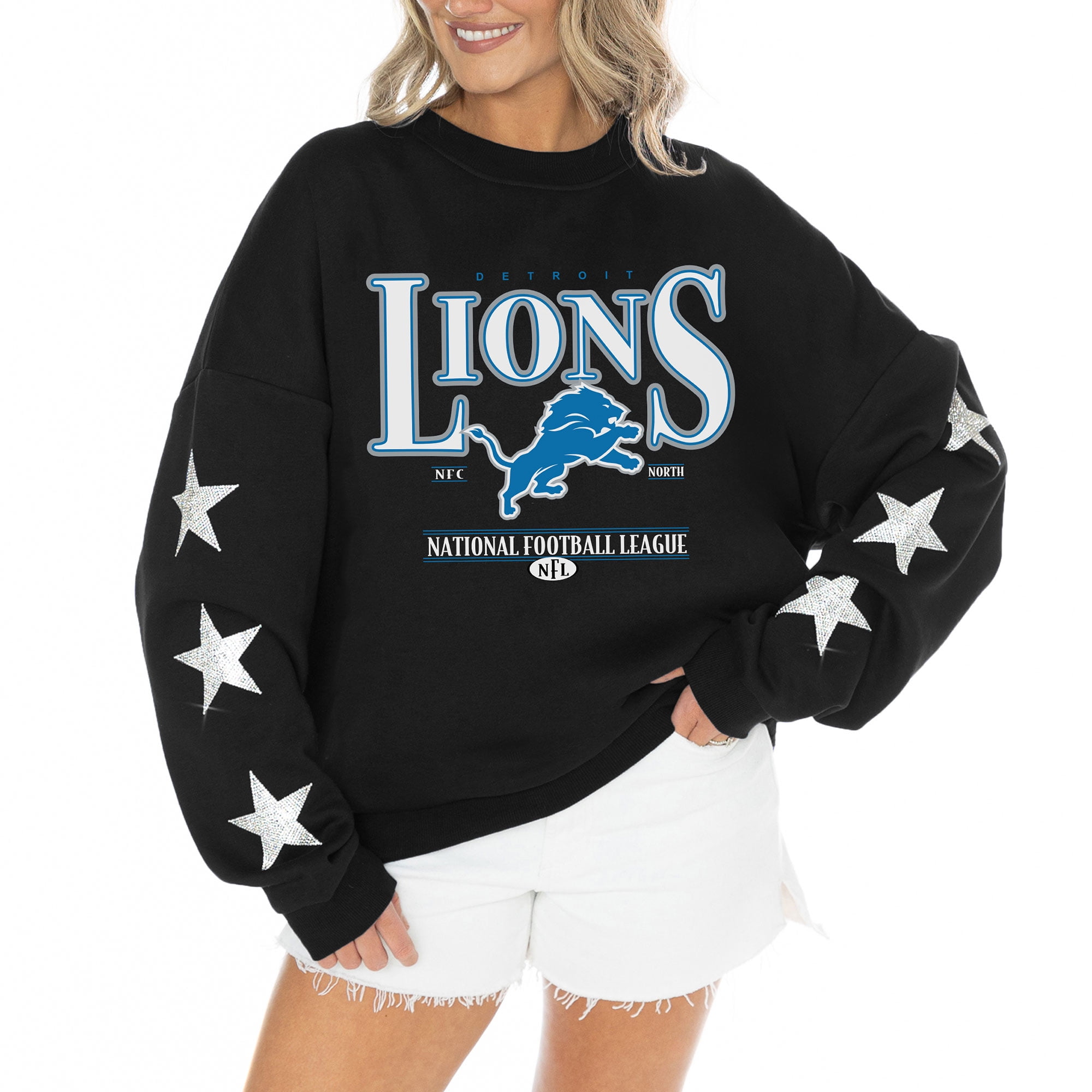 Women's Gameday Couture Black Detroit Lions Rhinestone Star Sleeve ...