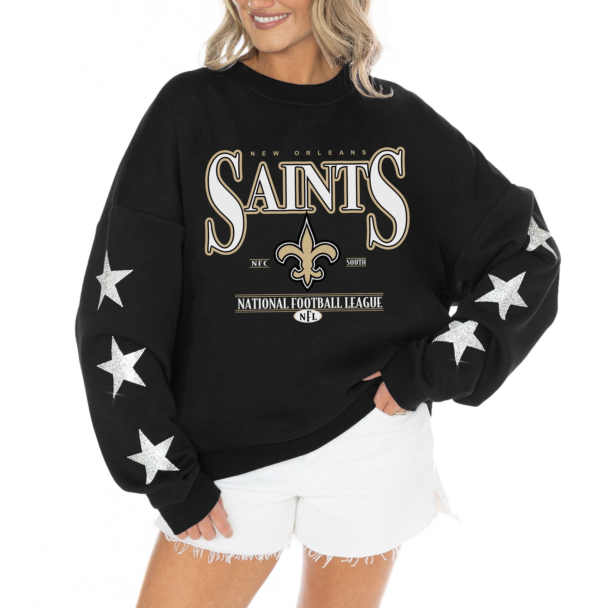 Women's Gameday Couture Black New Orleans Saints Rhinestone Star Sleeve ...