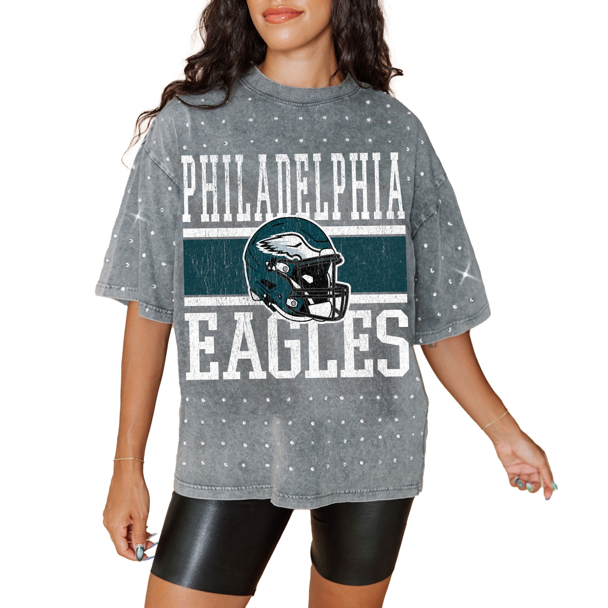 Women's Gameday Couture Gray Philadelphia Eagles Oversized Mini Rhinestone Classic T-Shirt ...