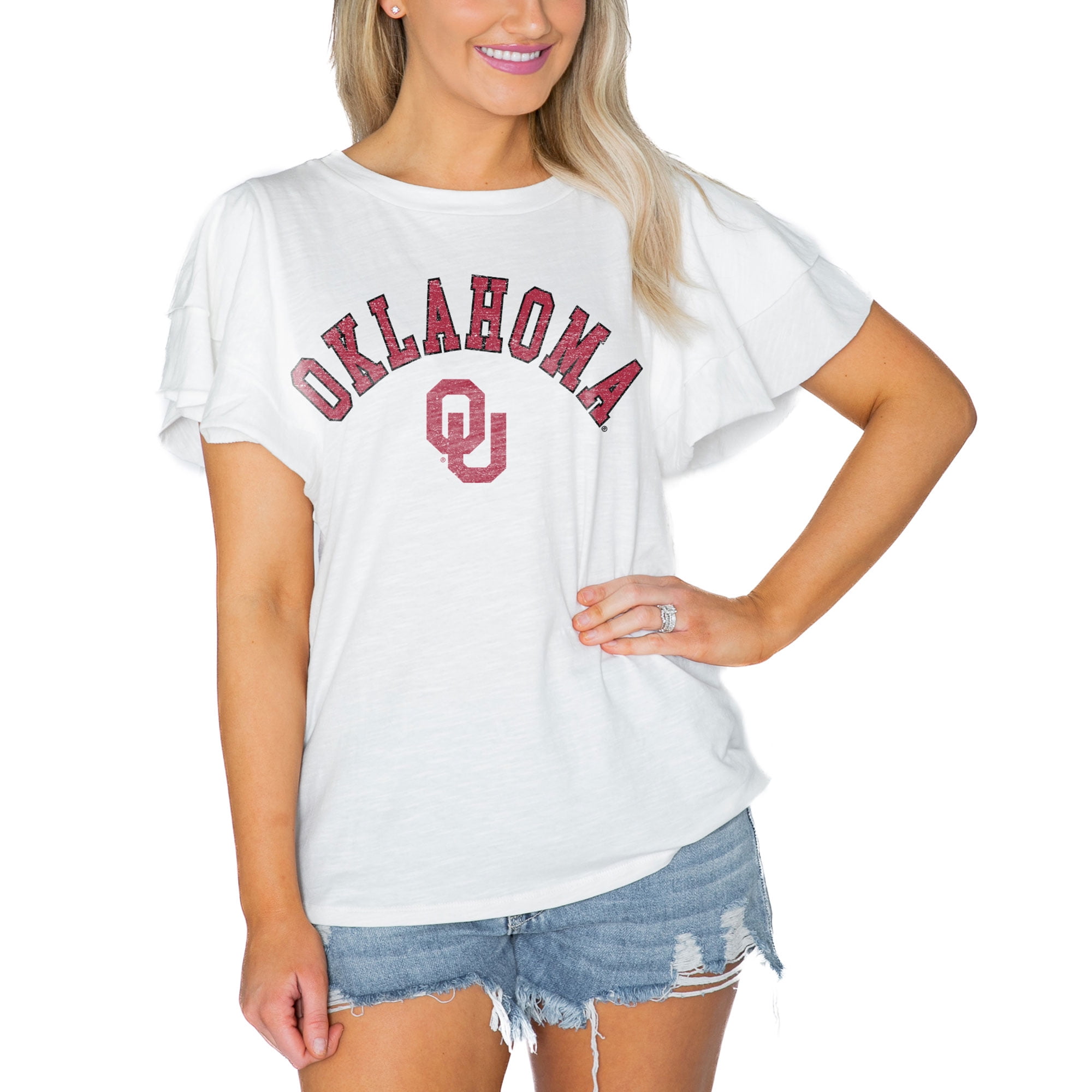 Women's Gameday Couture White Oklahoma Sooners Arch Logo Flutter Sleeve ...