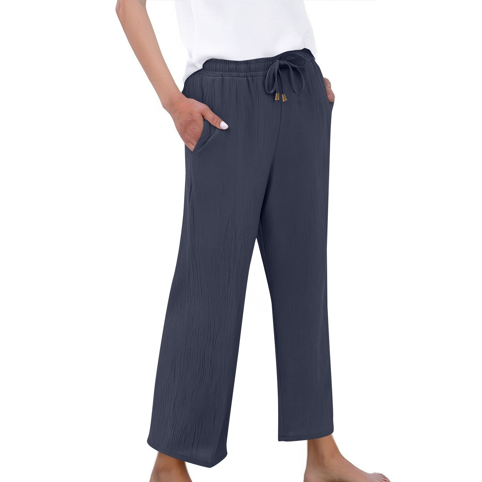 Women's Gauze Linen Pants Drawstring Ankle Length Pull on Yoga Gauchos ...