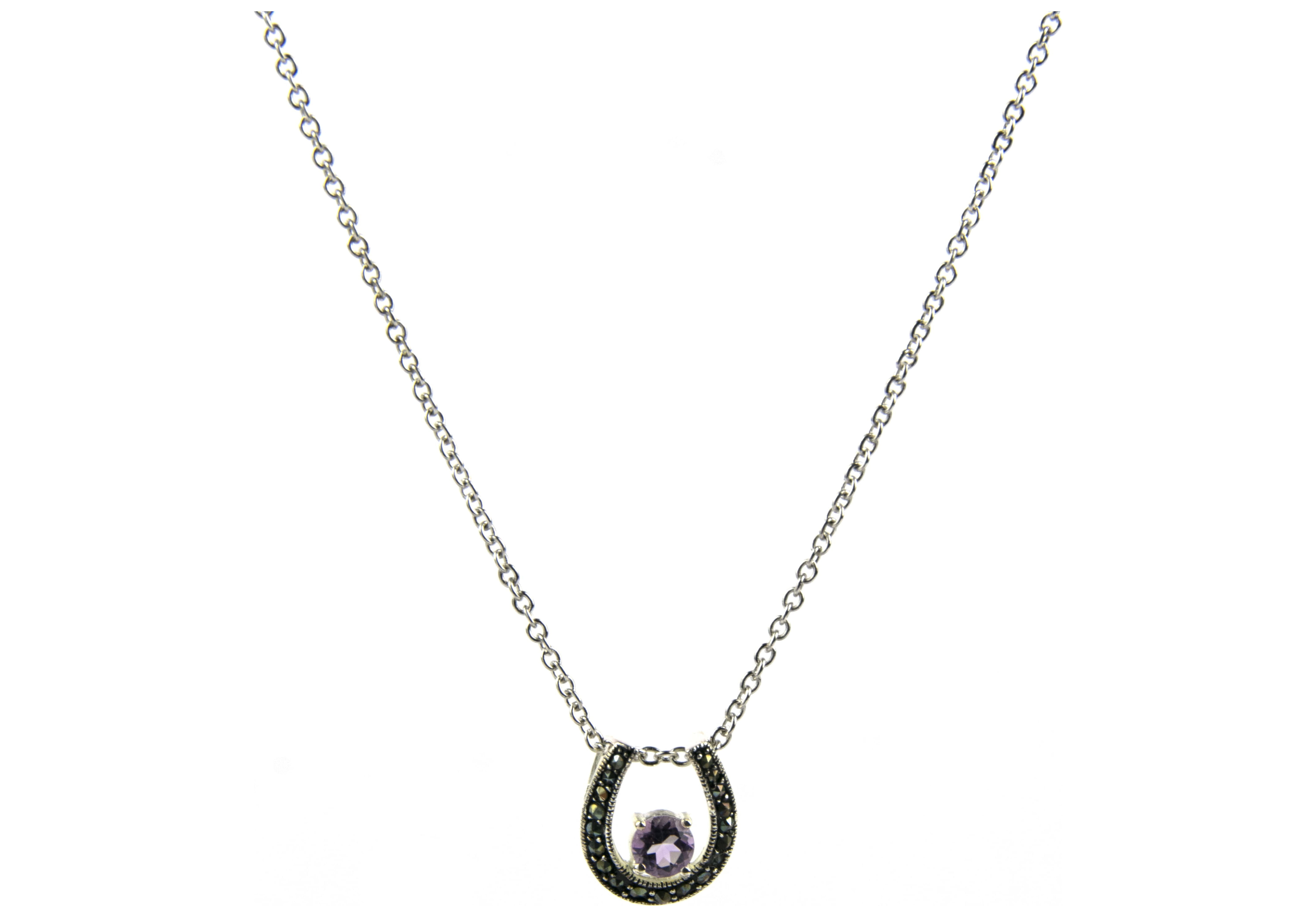 Women's Genuine Amethyst and Marcasite Horseshoe Pendant Necklace Set ...