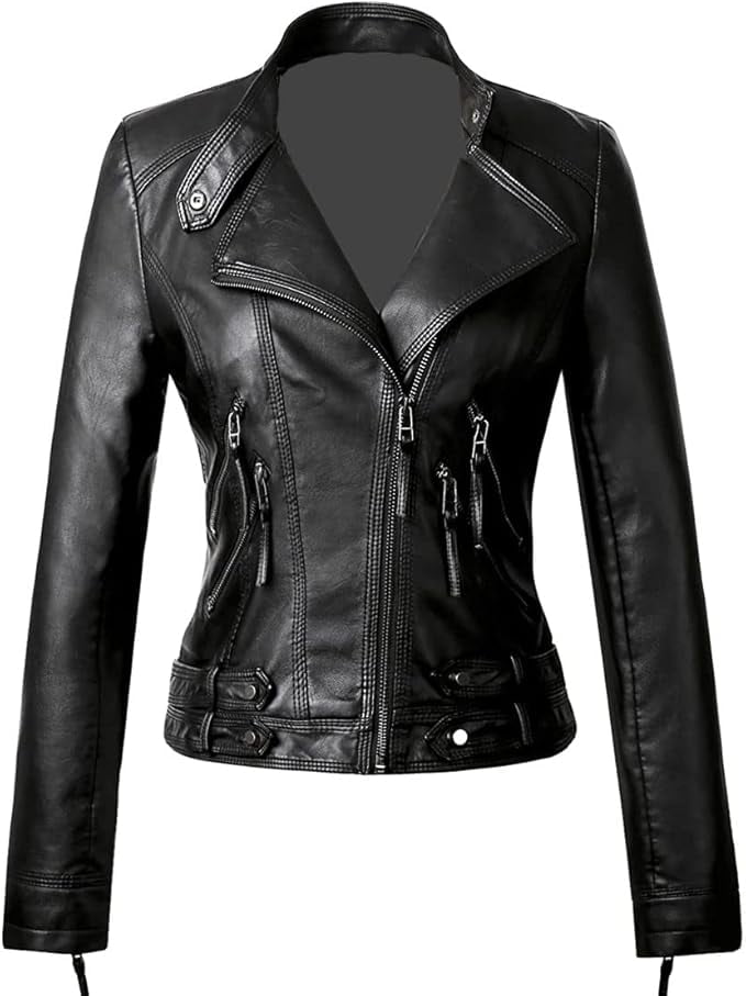 Women's Genuine Black Lambskin Leather Jacket Motorcycle Slim fit Biker ...