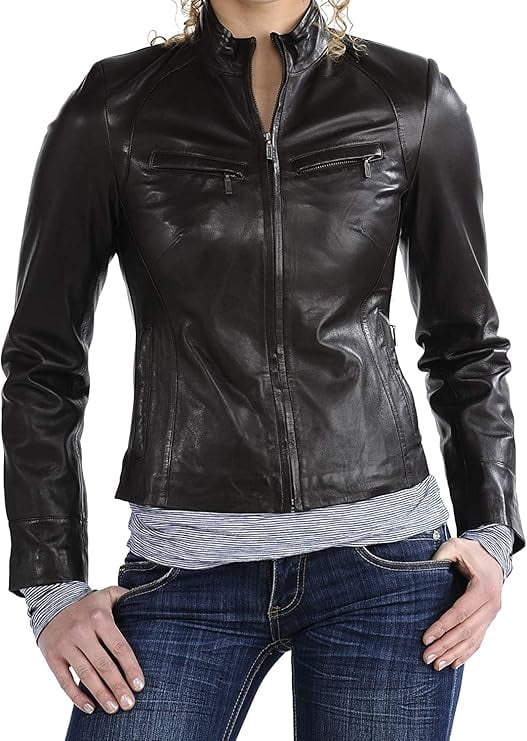 Women's Genuine Black Lambskin Leather Jacket Motorcycle Slim fit Biker ...