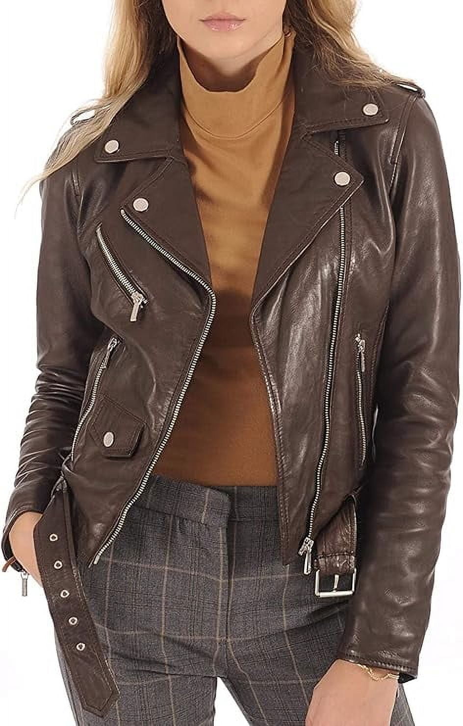 Women's Genuine Brown Lambskin Leather Jacket Motorcycle Biker Leather ...