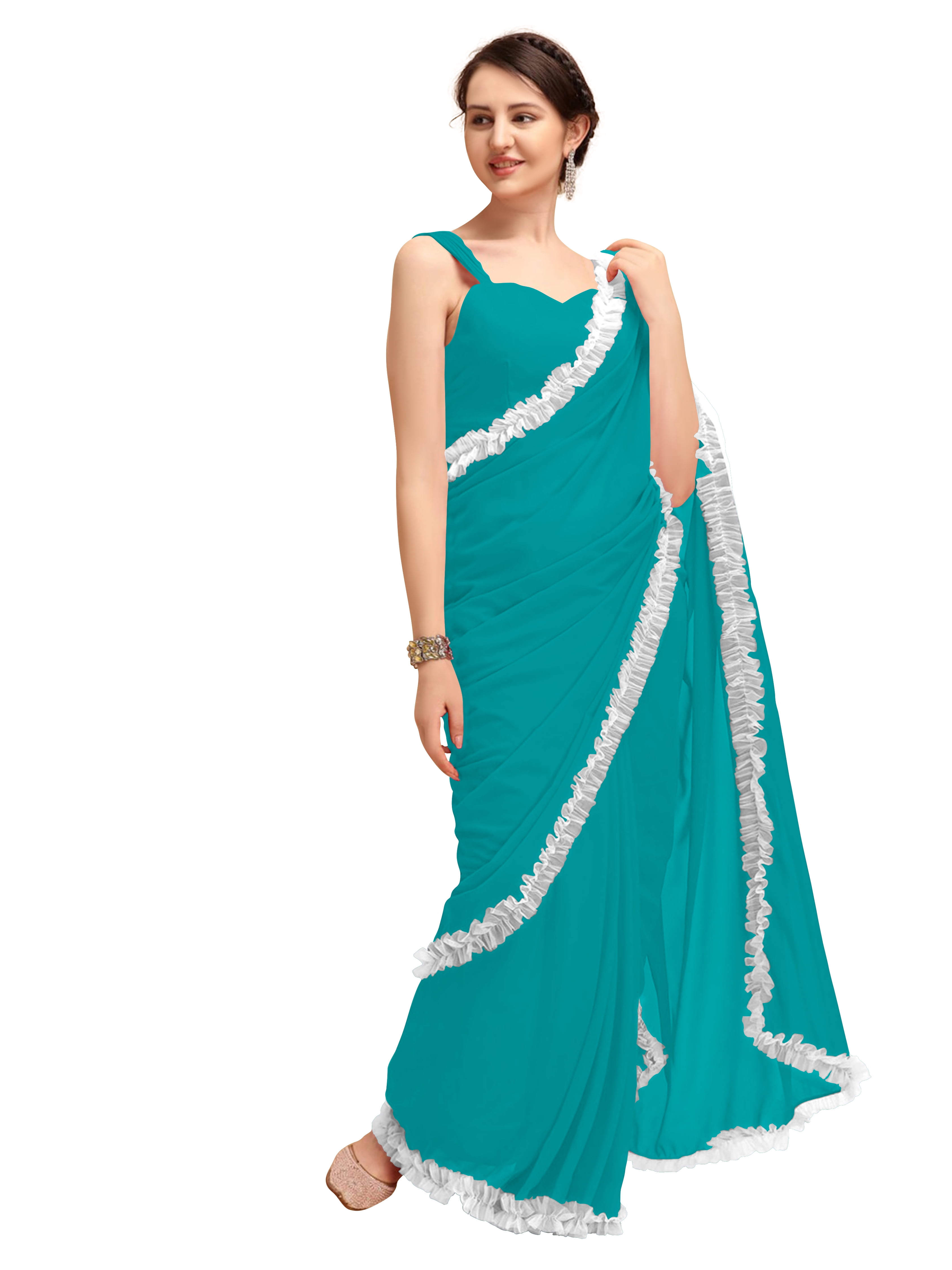 Women's Georgette Partywear Saree Ruffle Frill Sari with Readymade ...