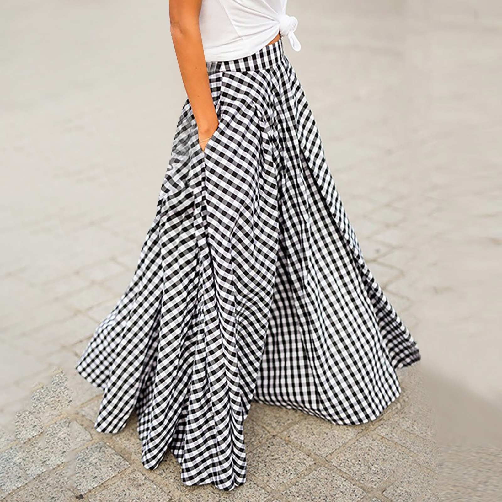 Women's Gingham Maxi Skirt High Waist Plaid Long Skirts for Women ...
