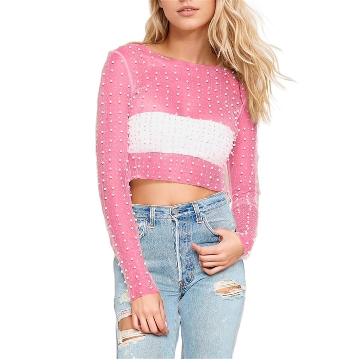 Women's Glitter Pearl Rhinestone Crop Top Round Neck Long Sleeve Sheer ...
