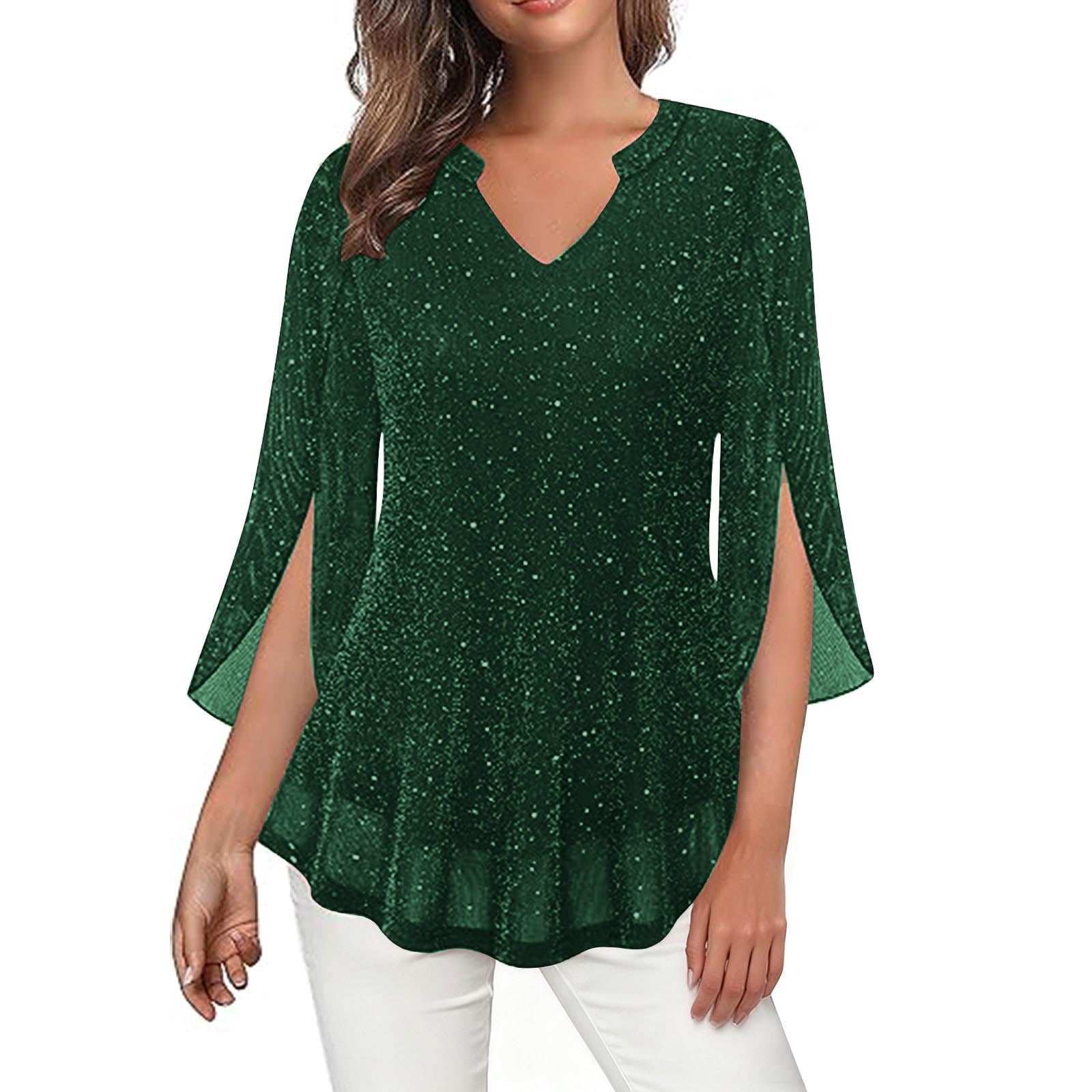 Women’s Glitter Sequin V Neck 3/4 Sleeve Tunic Top Double Layer Mesh ...