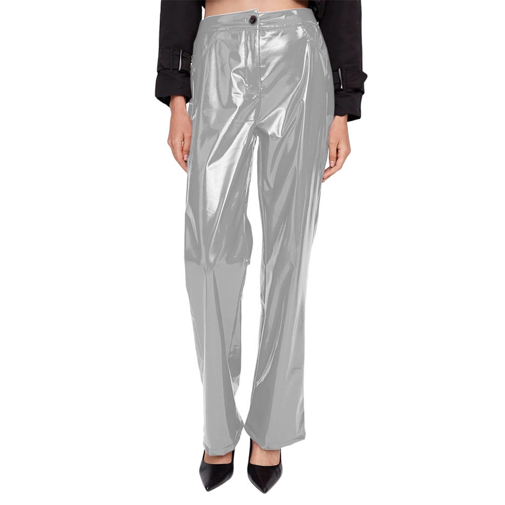 Women's Glossy PVC Leather Pants High Waisted Fashion Straight Trousers ...