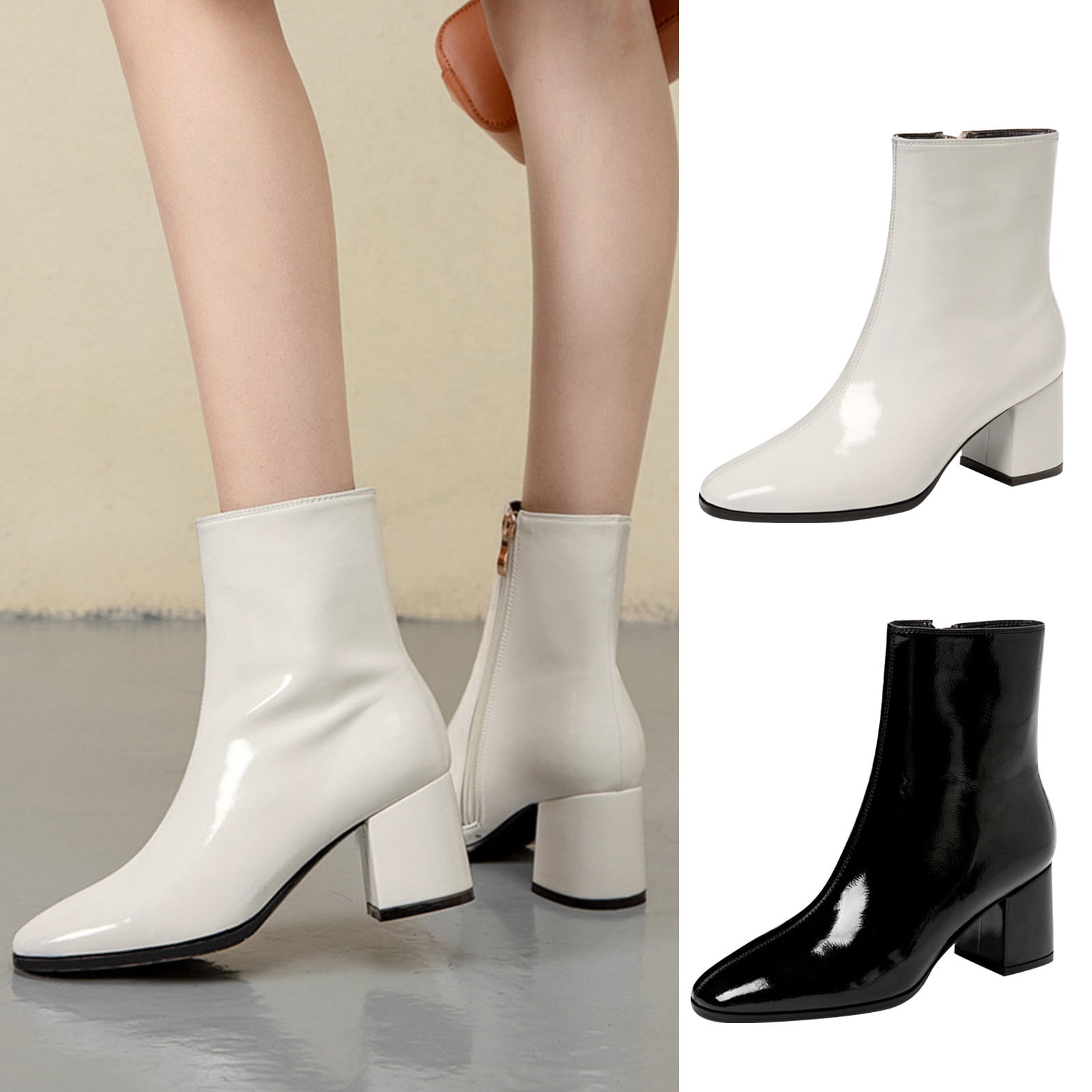 Women's GoGo Boots Square Toe Side Zipper Ankle Boots Chunky Block Heel ...