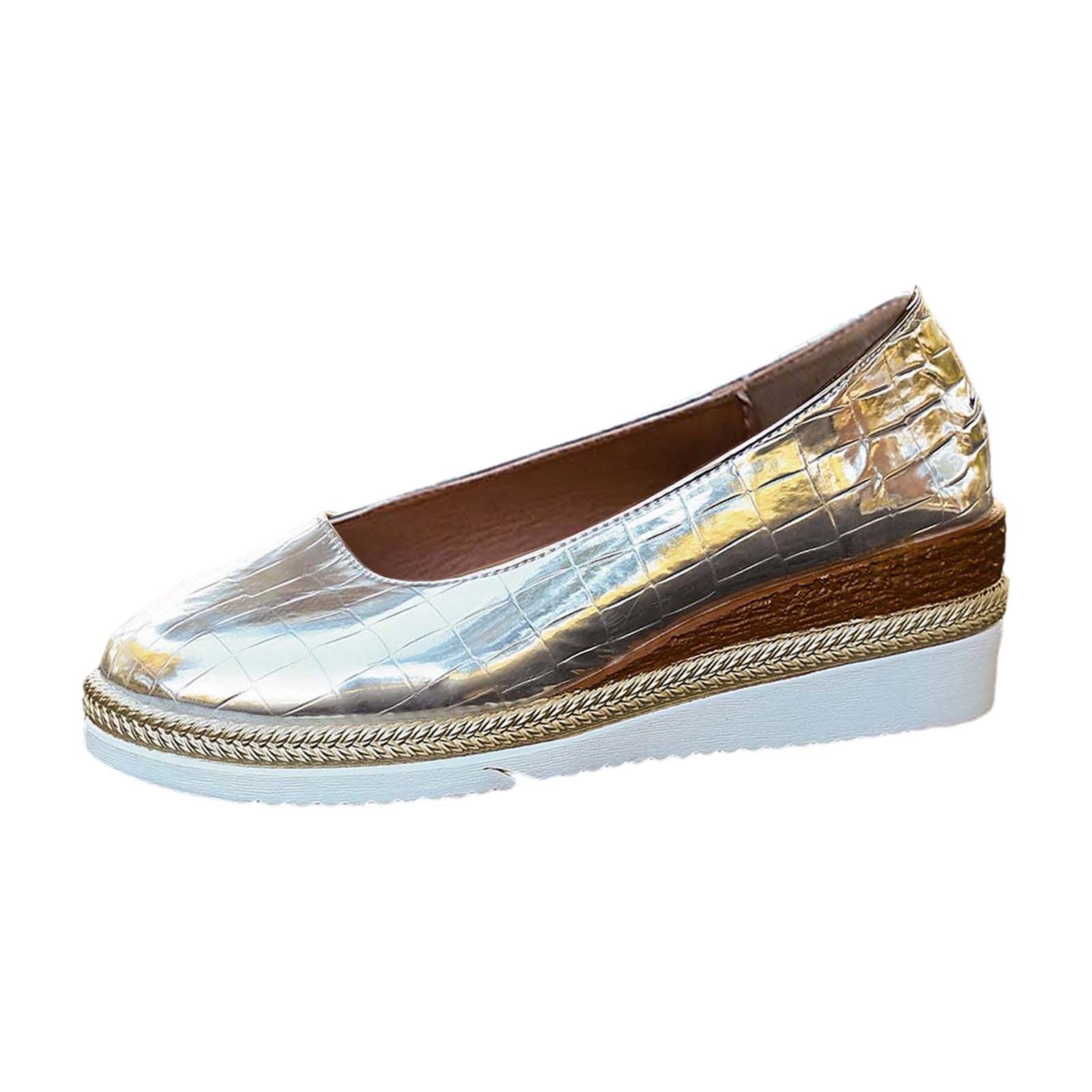 Women's Gold Platform Wedge Espadrille Flats - Shiny Crocodile Print On ...