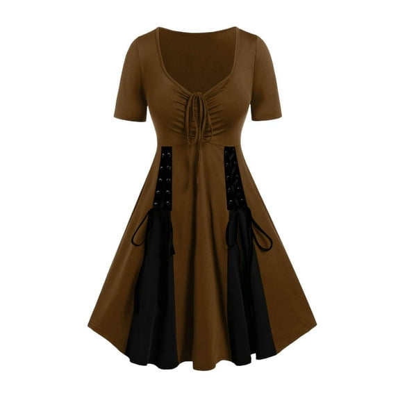 Women's Gothic Dress 2025 Vintage Color Block Short Sleeve U-Neck ...