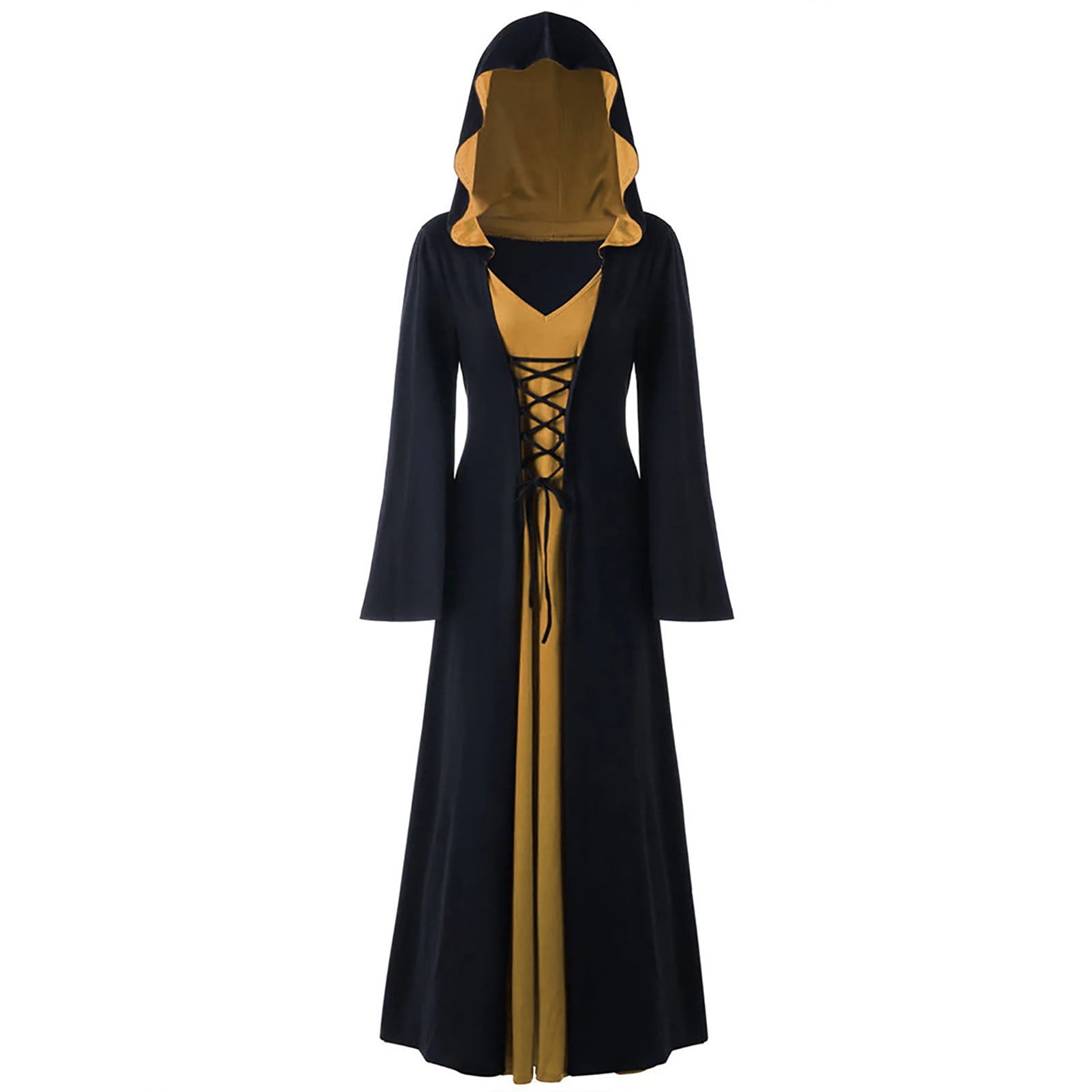 Women's Gothic Medieval Dress with Hood Lace Up Plus Size Long Sleeve ...
