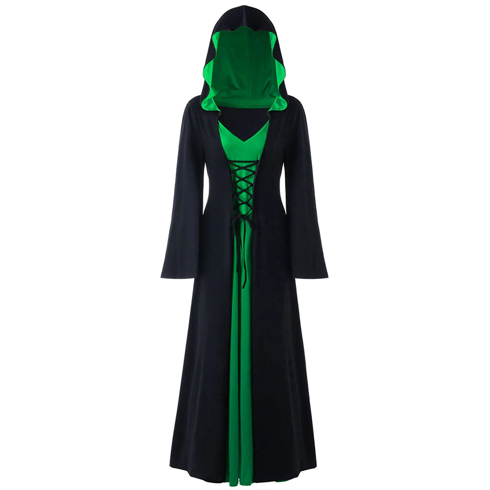 Women's Gothic Medieval Dress with Hood Lace Up Plus Size Long Sleeve ...