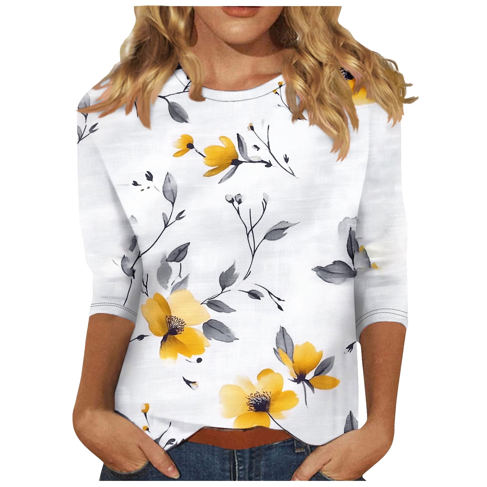 Women's Graphic Shirts 3/4 Sleeve Plant Printed Tops Casual 3/4 Sleeve ...