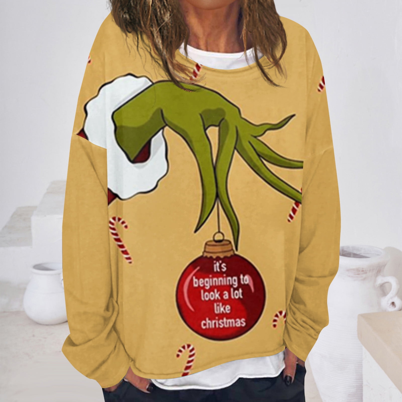 Women's Grinch Cos-tume Grinch Top Pumpkin Sweater Long Sleeve Grinch ...
