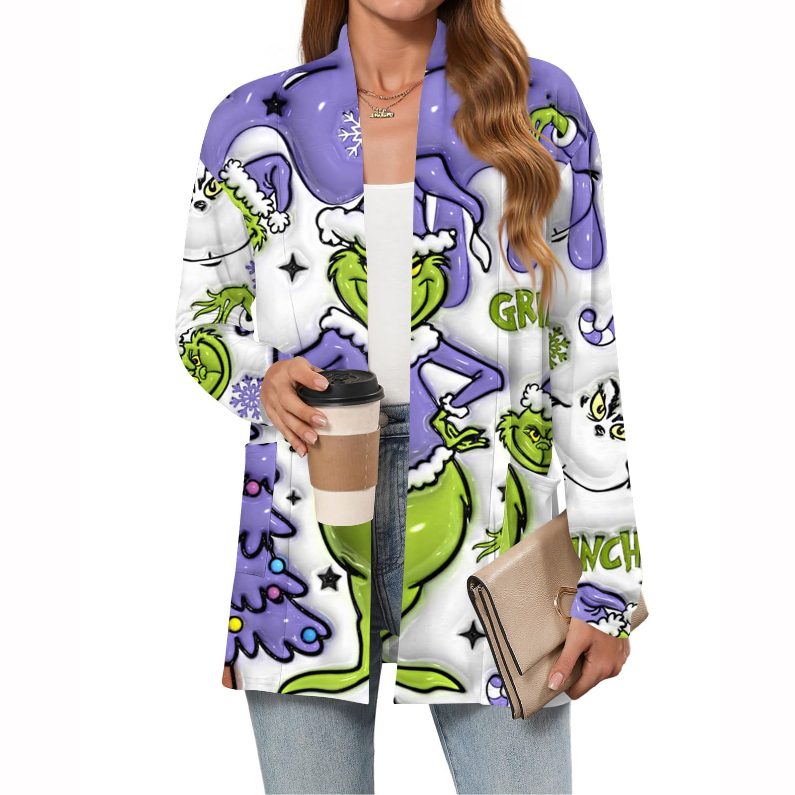 Women’s Grinch Sweater Long Sleeve Open Front Christmas Cardigan with ...