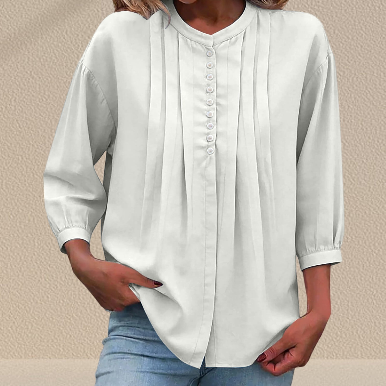 Women's Half Button Crinkle Blouse, 3/4 Sleeve Casual Solid Color Top ...