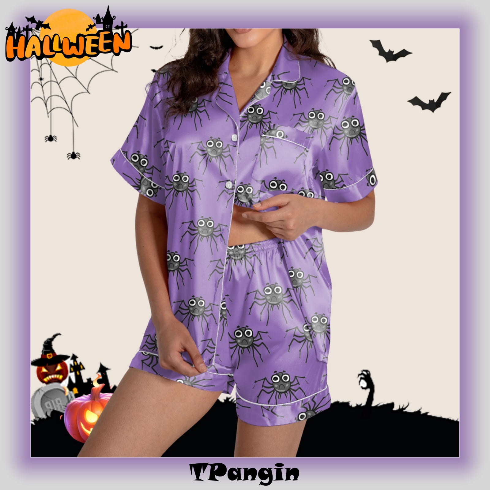 Women's Halloween Button-Down Pajama Set: Cute Ghost Spider Print Short ...