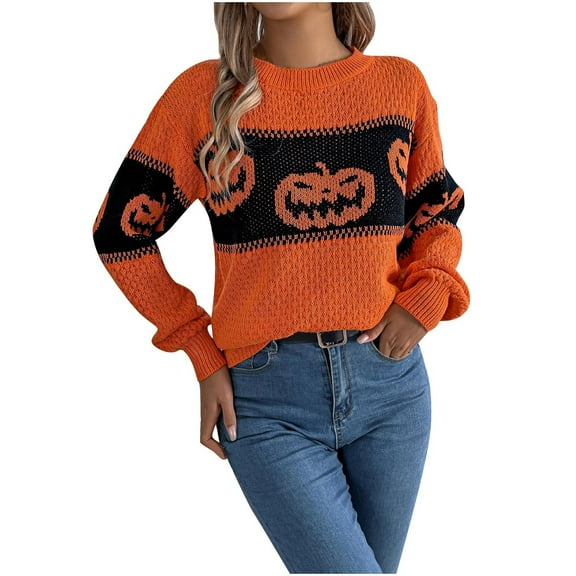 ASDFVBKG Women's Halloween Sweaters 2025 Spooky Face Patchwork Pattern ...
