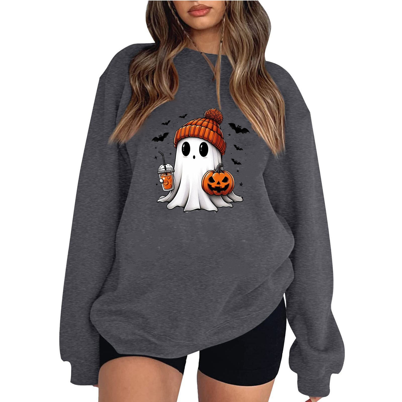 Women's Halloween Ghost Sweatshirt Cute Pumpkin and Coffee Design Cozy ...