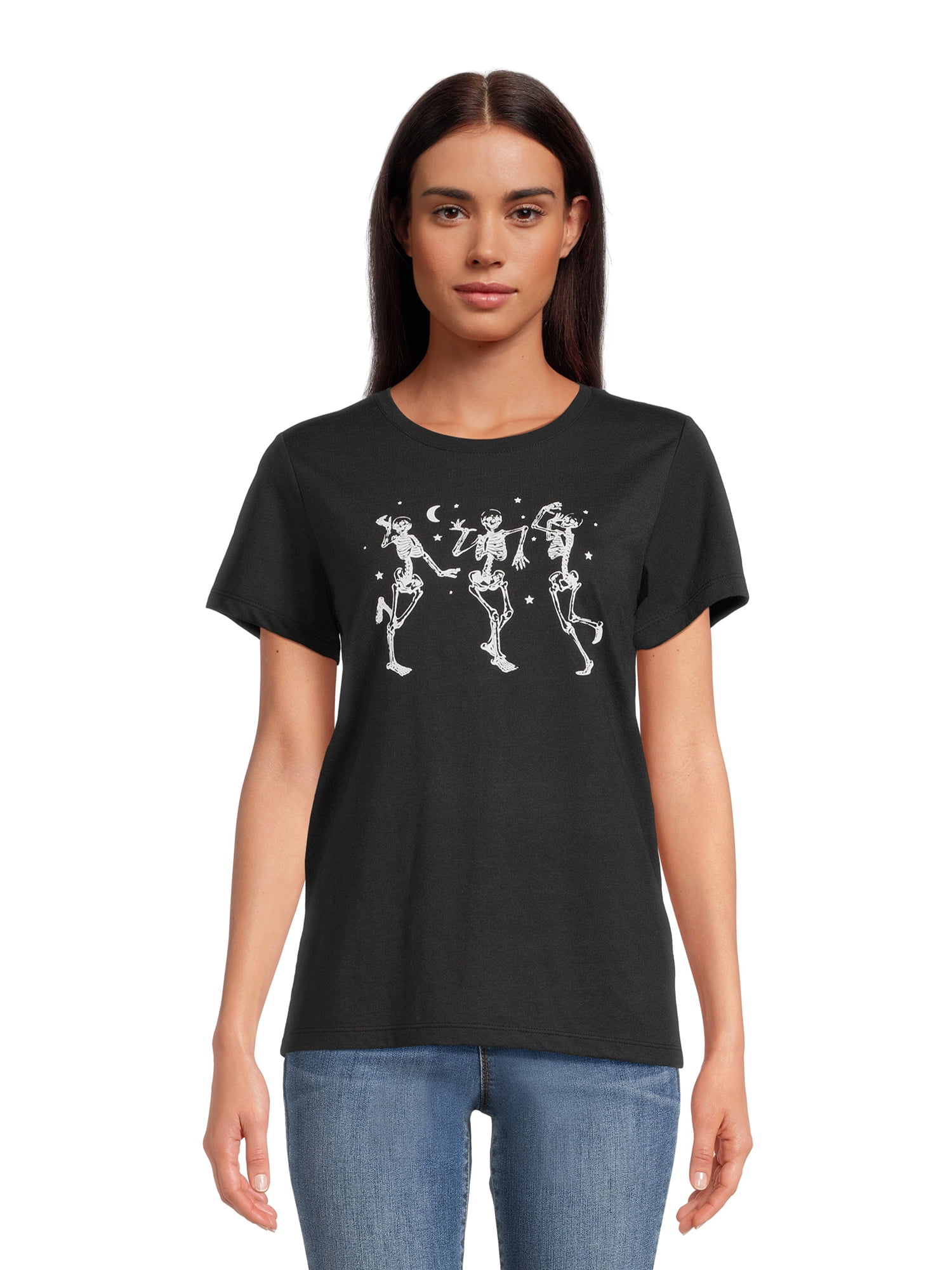 Women's Halloween Skeleton Graphic Tee, Fall Short Sleeve T Shirt from ...