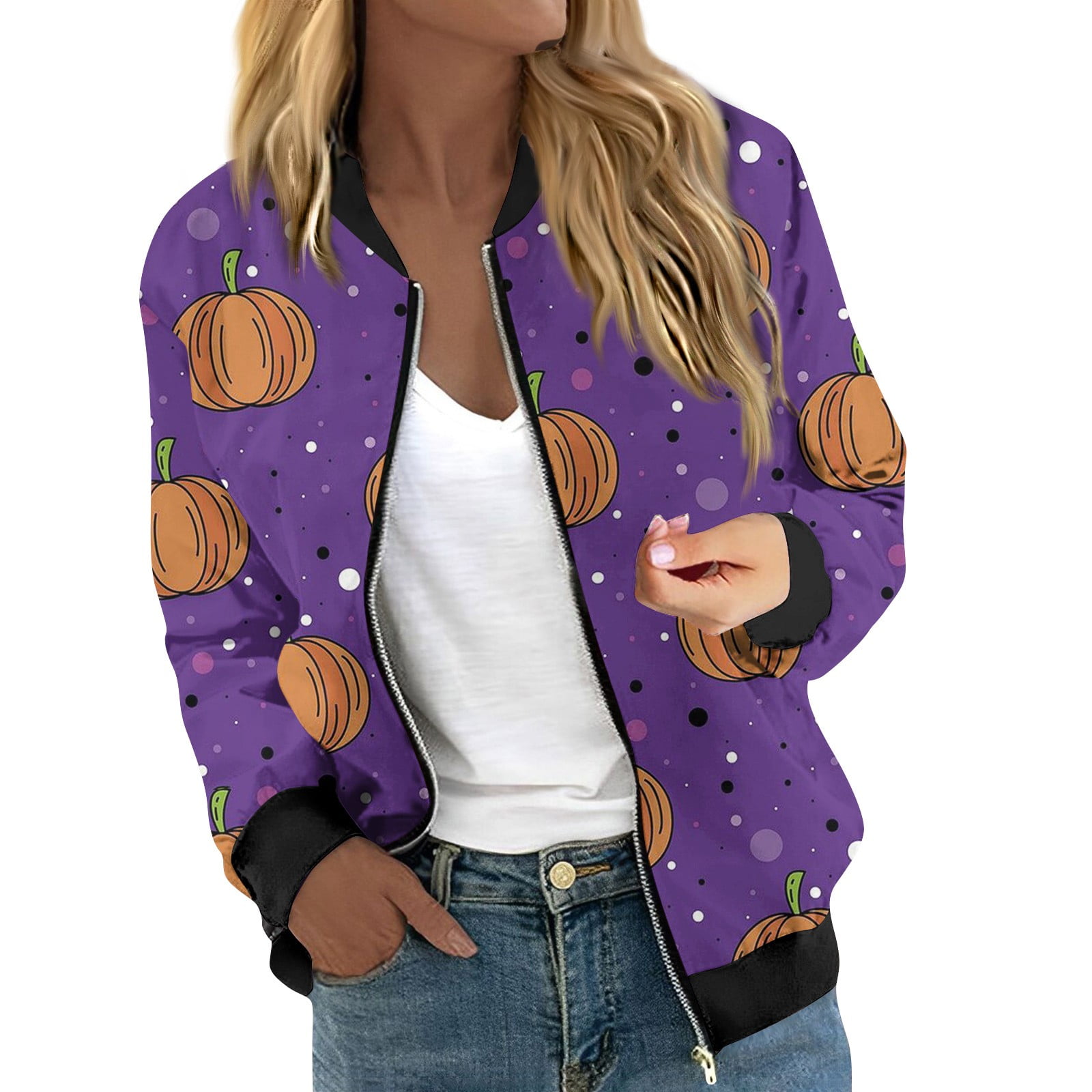Women's Halloween Themed Bomber Jacket Cute Ghosts, Bats, and Moon ...