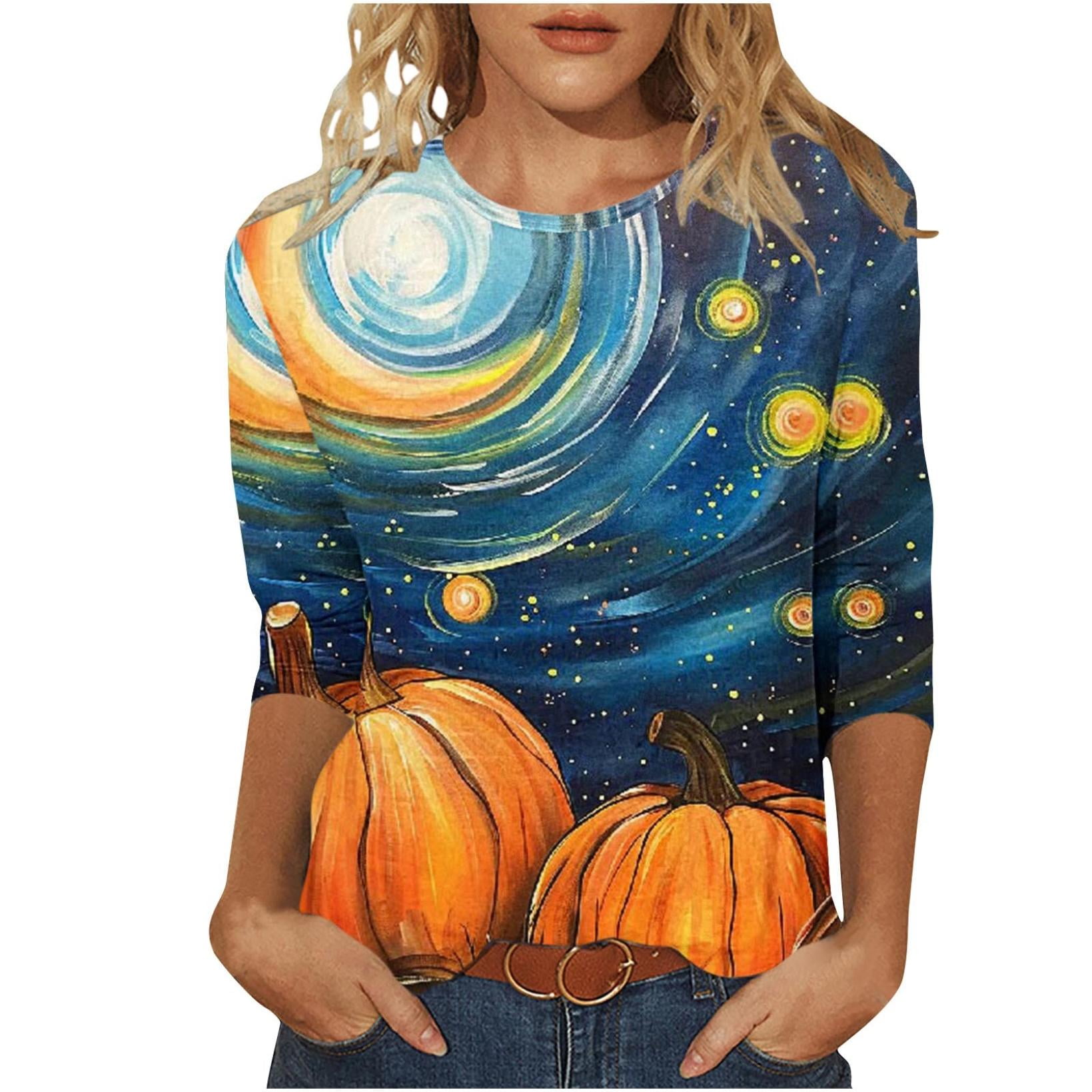 Women's Halloween Tops Plus Size 3/4 Sleeve Round Neck Festival Cotton ...