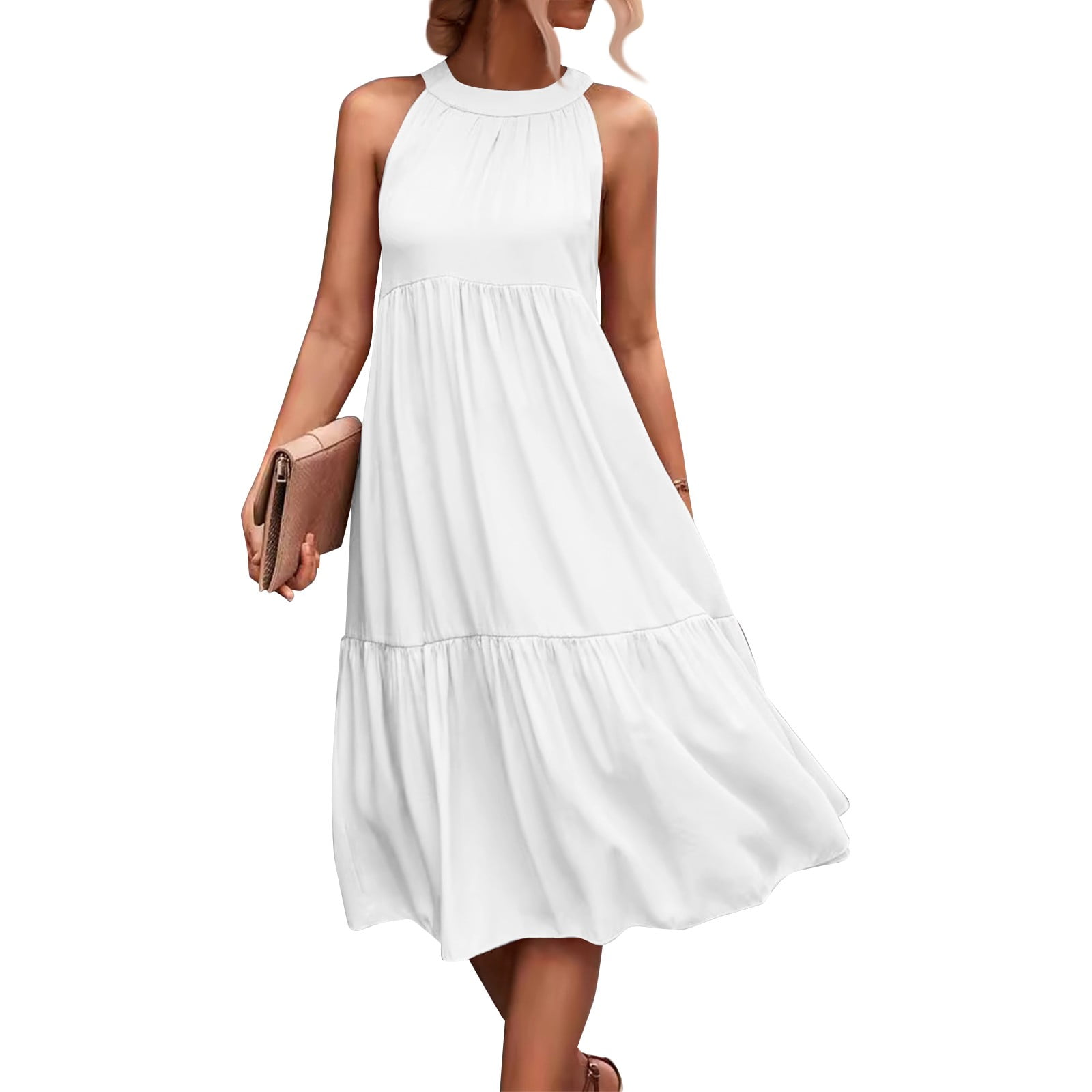 Women's Halter Neck Sleeveless Beach Dress Color Block Solid Print ...