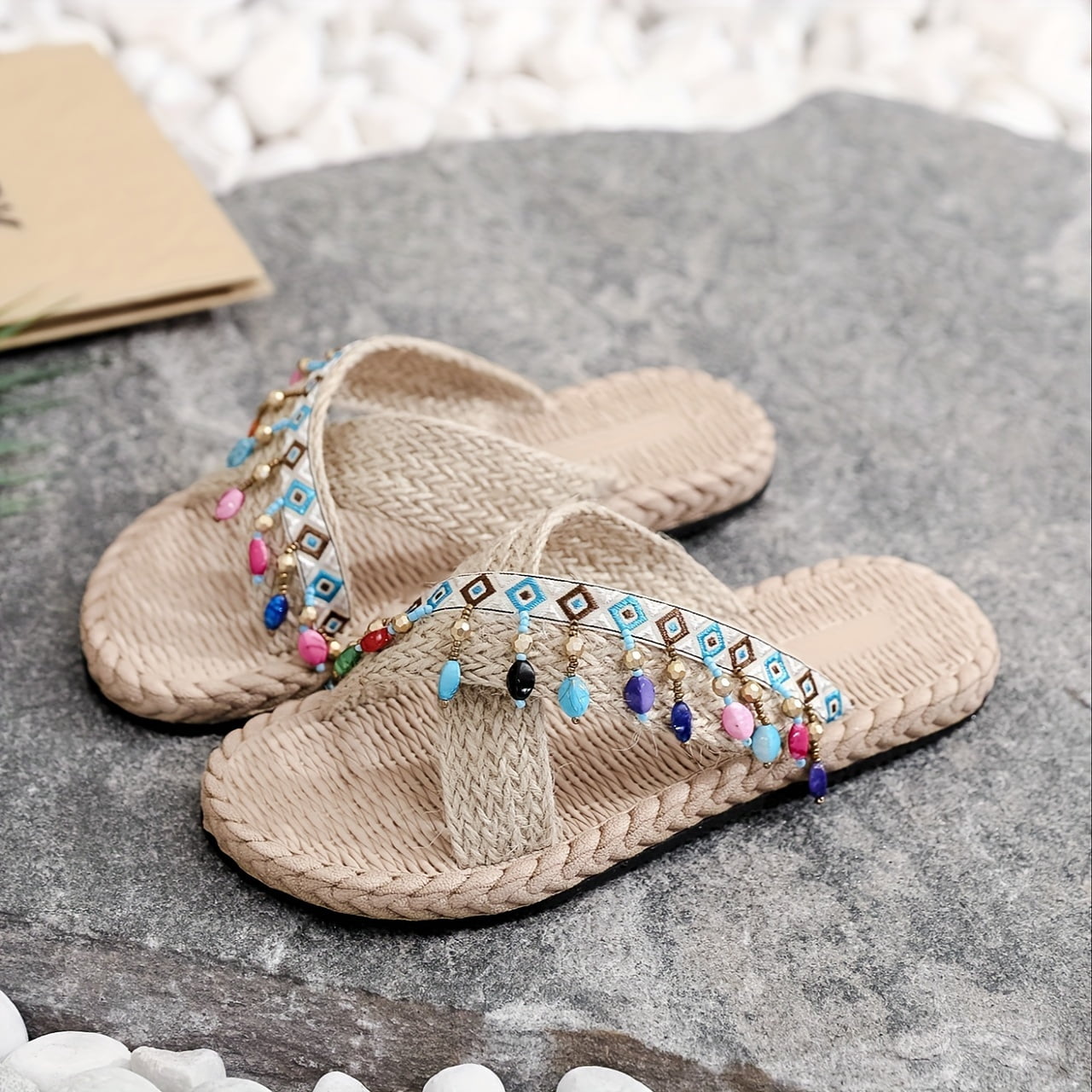 Women's Handmade Woven Straw Sandals, Slip On Lightweight Soft Sole ...