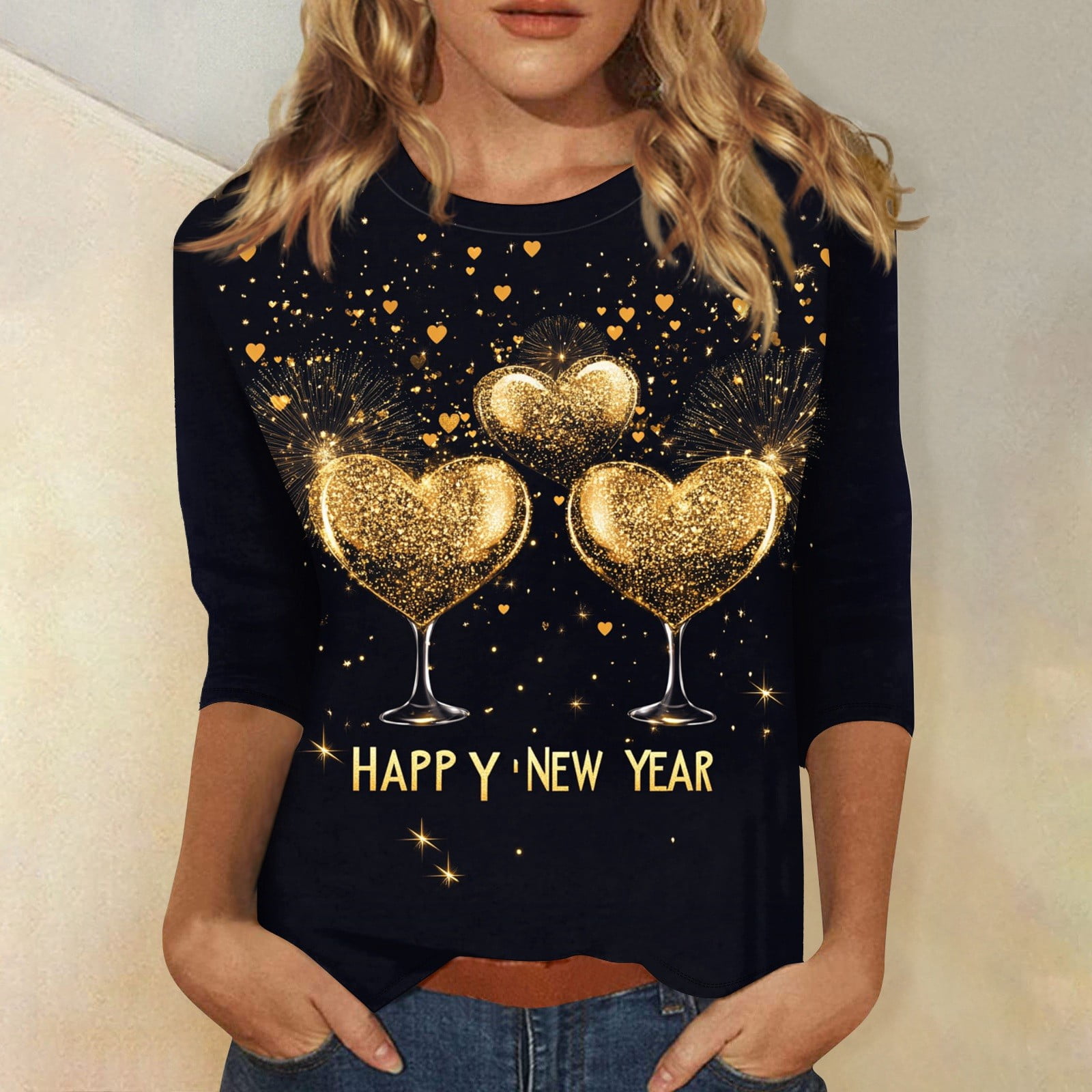 Women's Happy New Year Shirt 3/4 Sleeve Glitter Graphic Top Festive ...