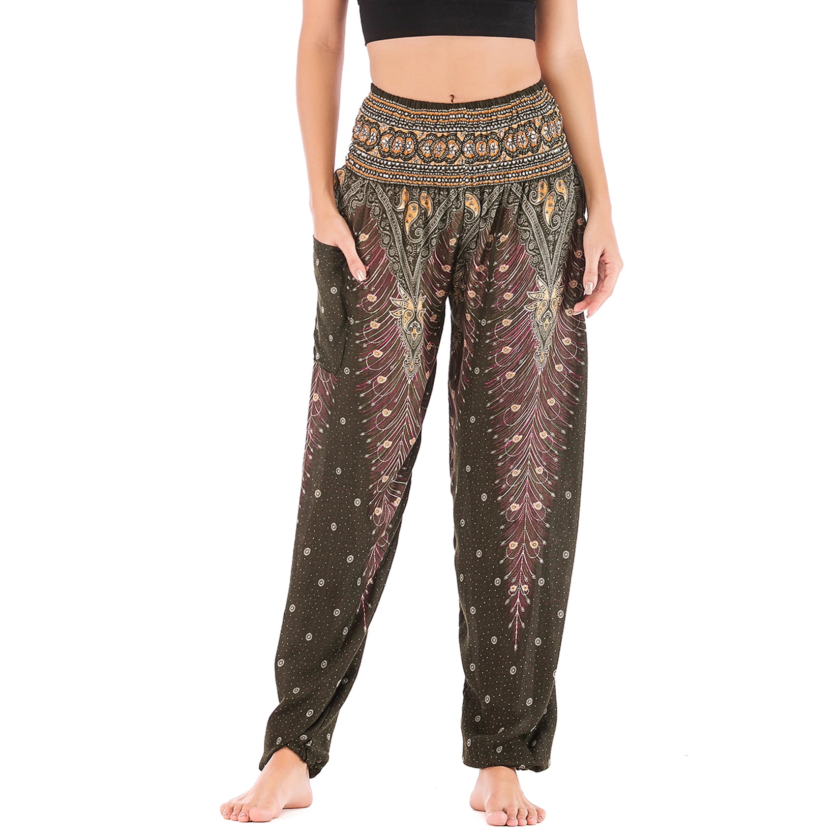 Women's Harem Boho Pants Summer Smocked Waist Loose Flowy Tapered Leg ...