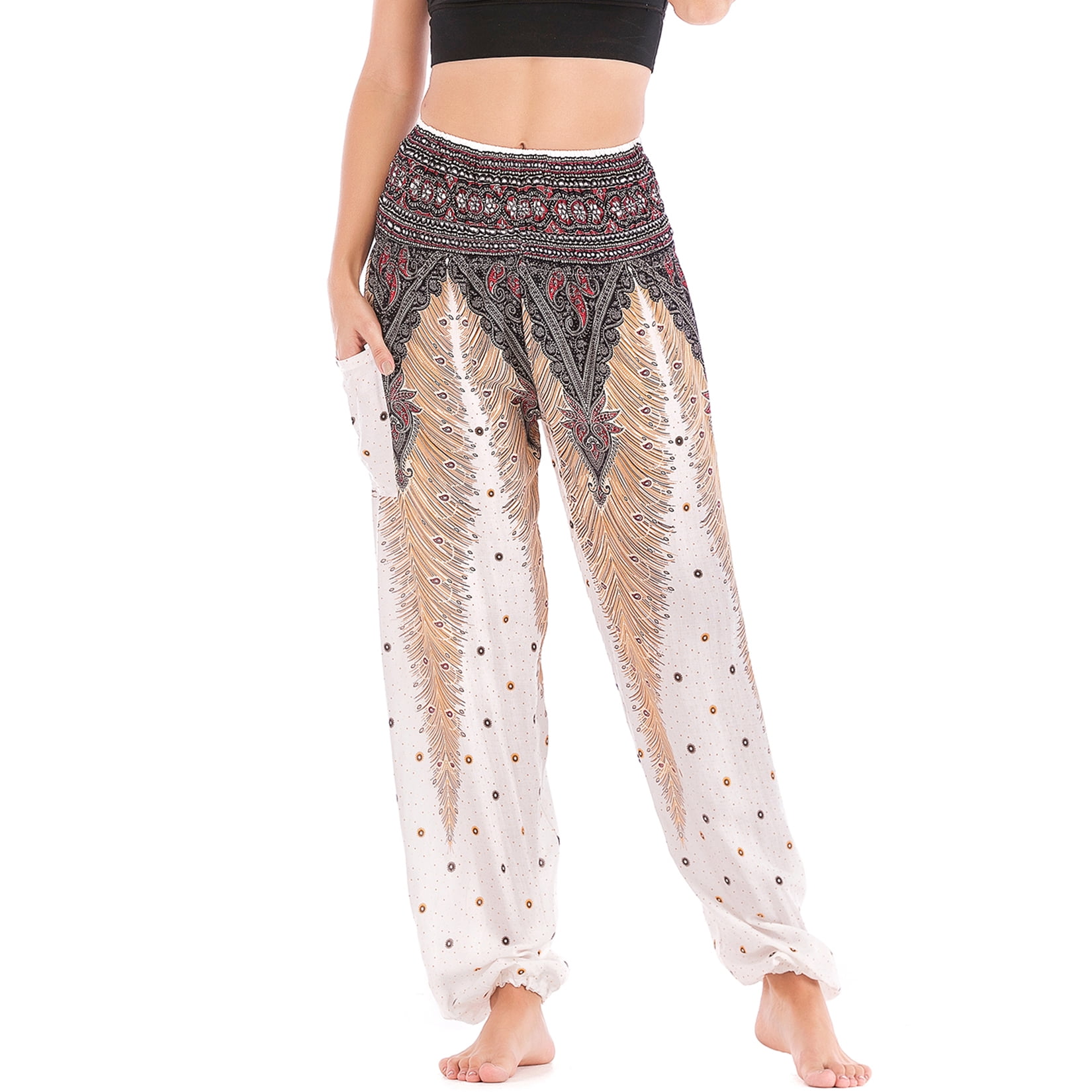 Women's Harem Boho Pants Summer Smocked Waist Loose Flowy Tapered Leg ...