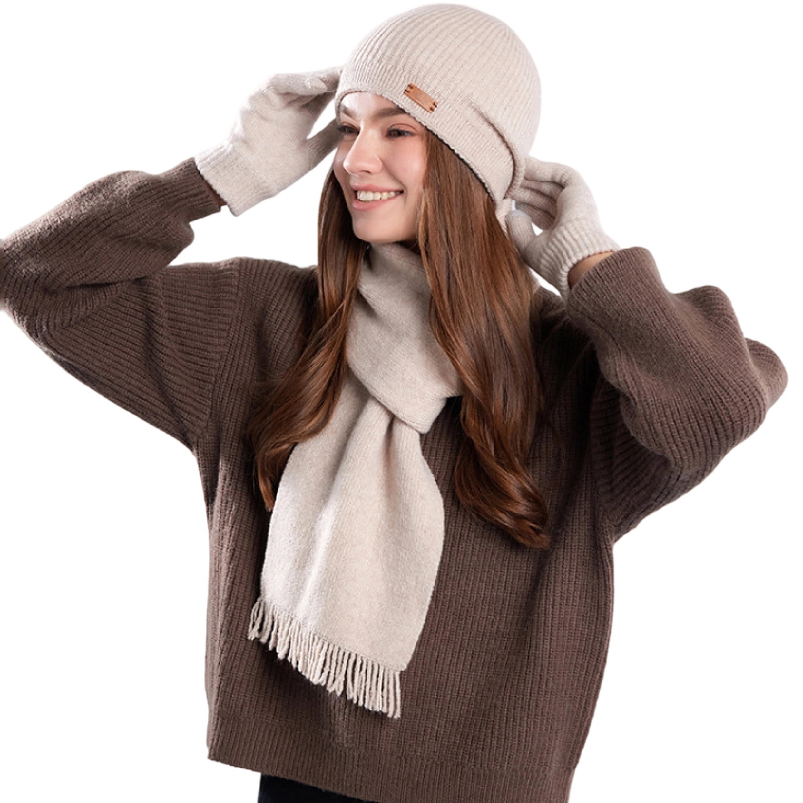 Women's Hat Scarf Gloves Three-Piece Set Winter Gift Warm Knit Skull ...