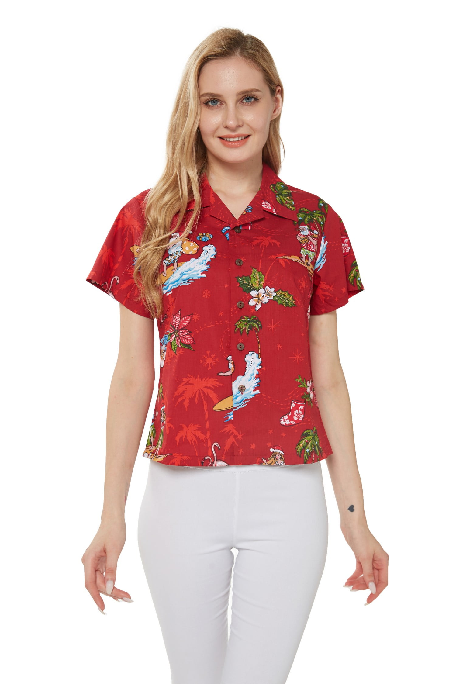 Women's Hawaiian Lady Aloha Shirt in Christmas Santa in Hawaii Red XL ...