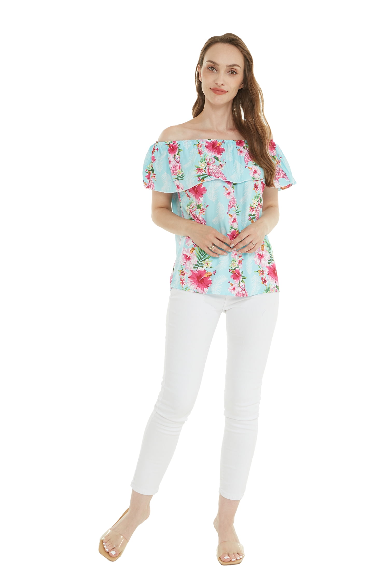 Women's Hawaiian Off-Shoulder Ruffle Muumuu Top in Pink Turquoise ...