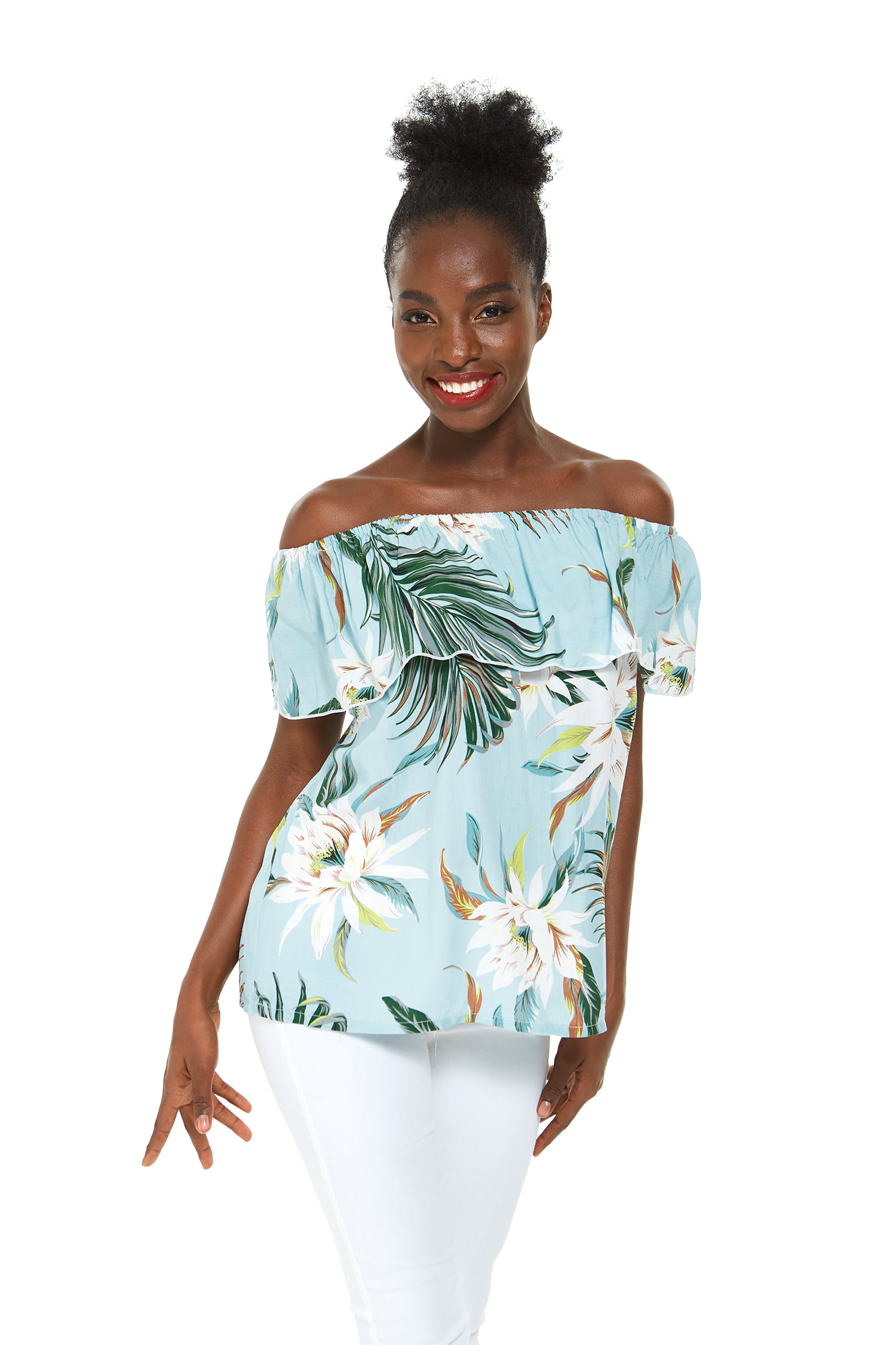 Women's Hawaiian Off-Shoulder Ruffle Muumuu Top in Wispy Cereus Light ...