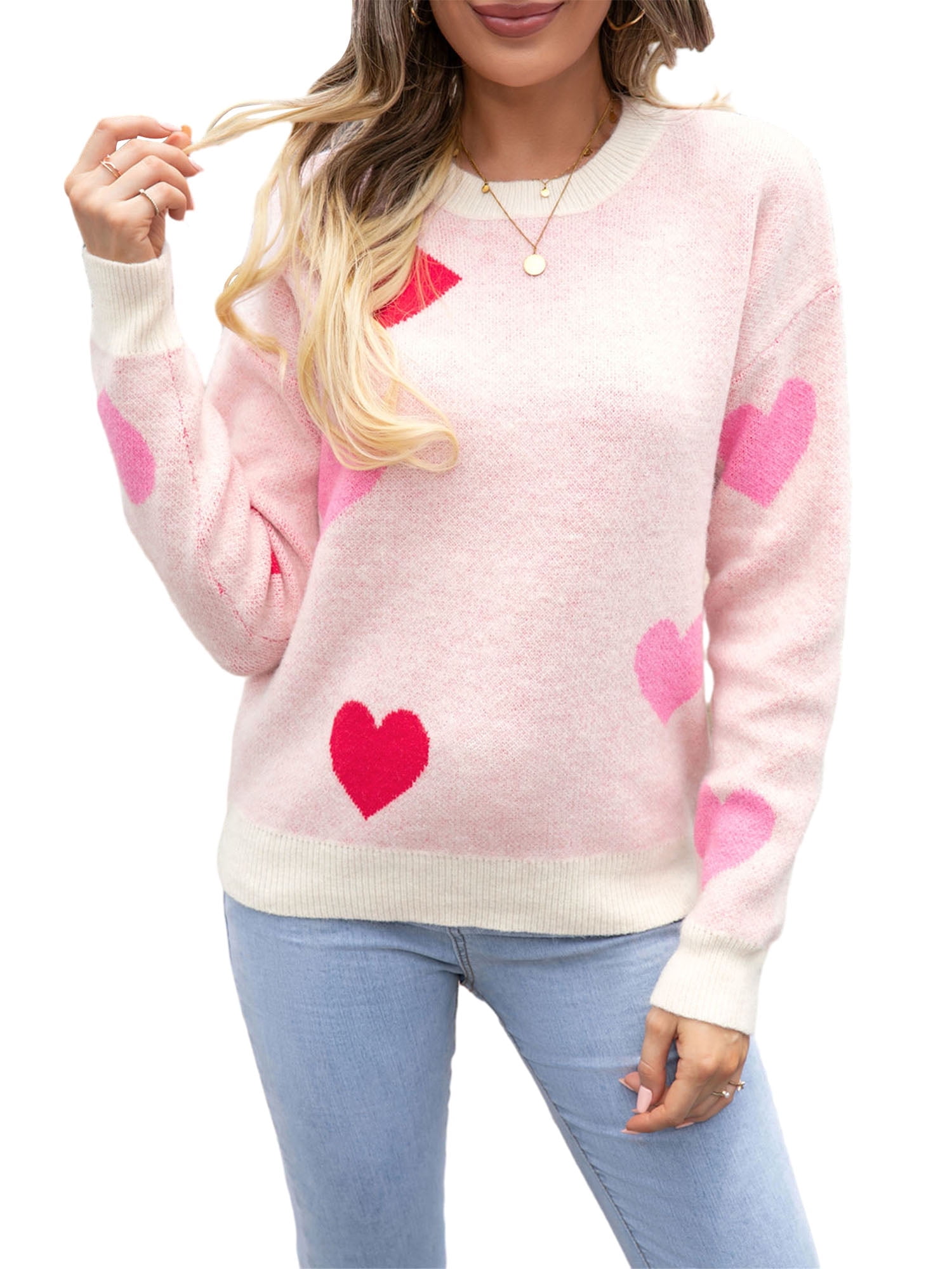 Women's Heart Print Sweaters Valentines Day Loose Pullovers - Walmart.com