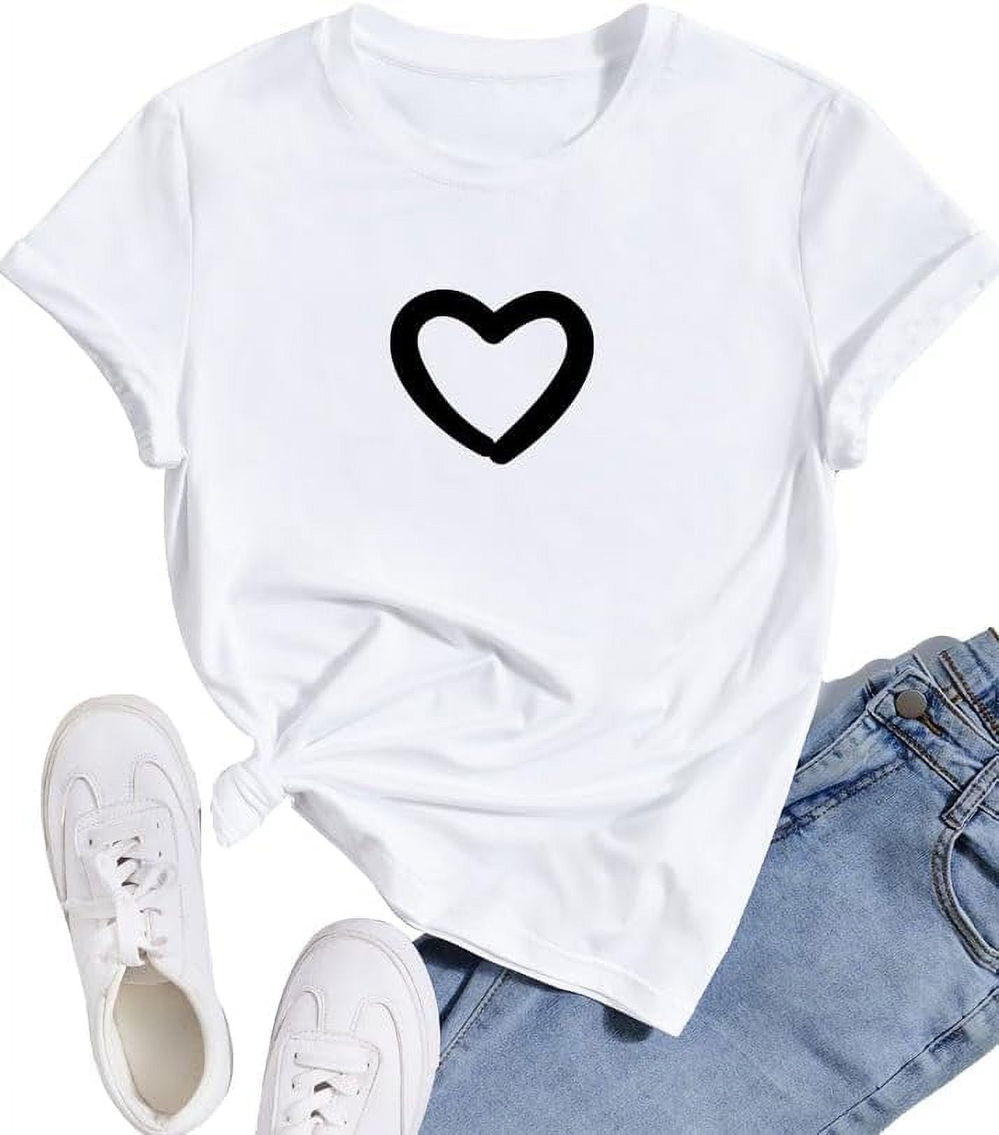 Women's Heart Print T Shirts Graphic Casual Fit Top Crew Neck Short ...
