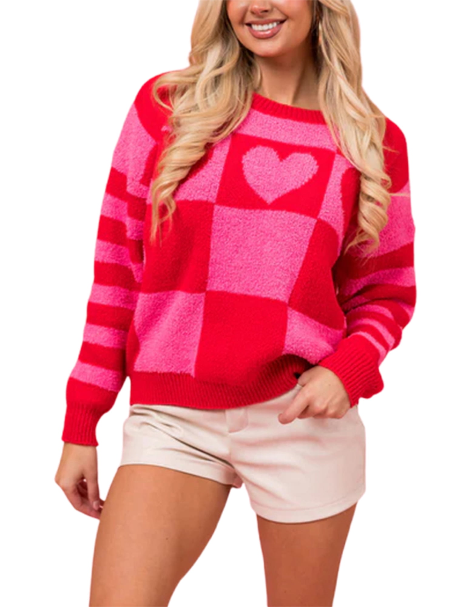 Women's Heart Pttern Sweater Valentine's Day Loose Crew Neck Long ...