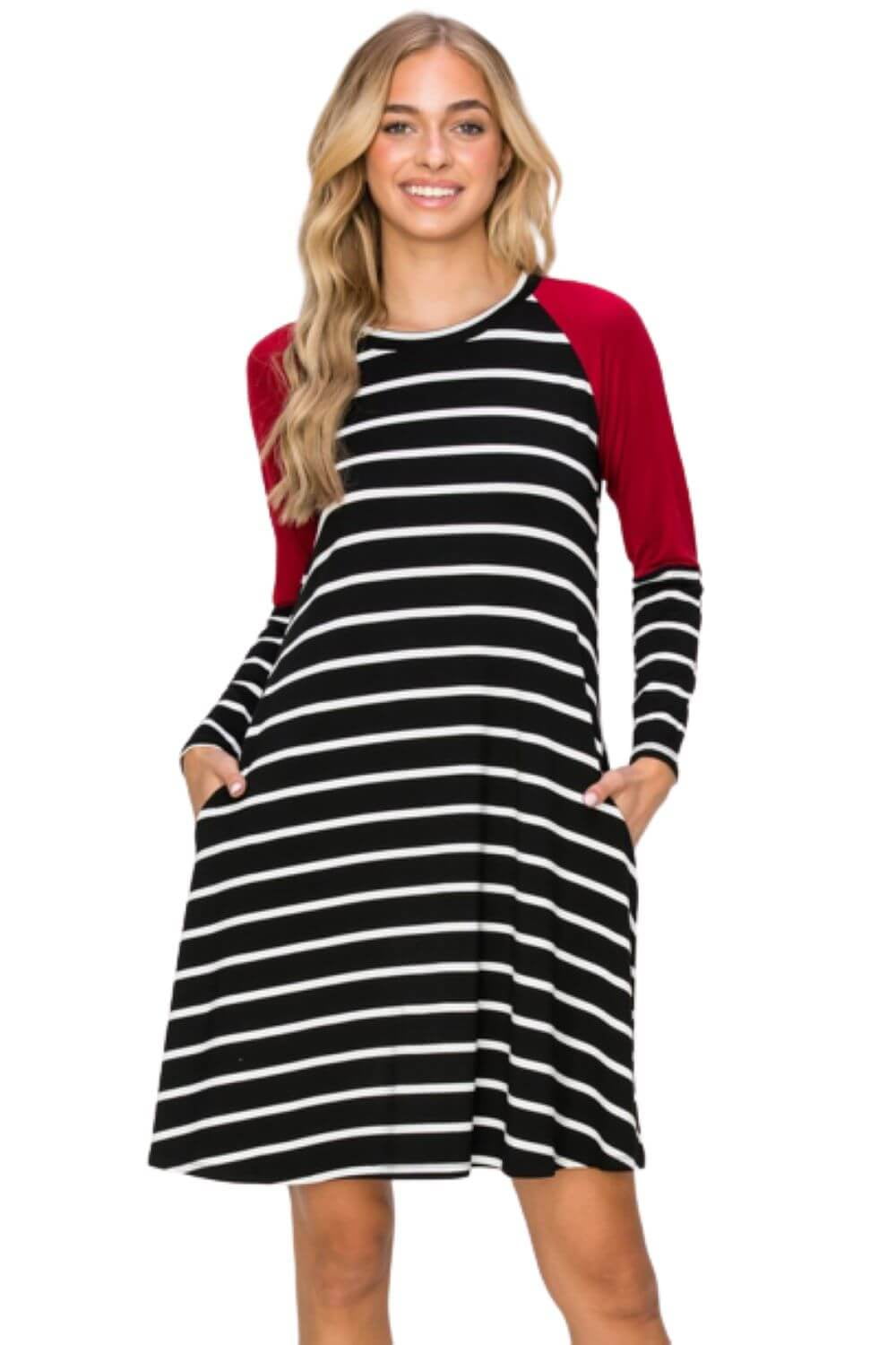Women’s Hi-Line Color Block Striped Long Sleeve Dress, Black/Burgundy ...