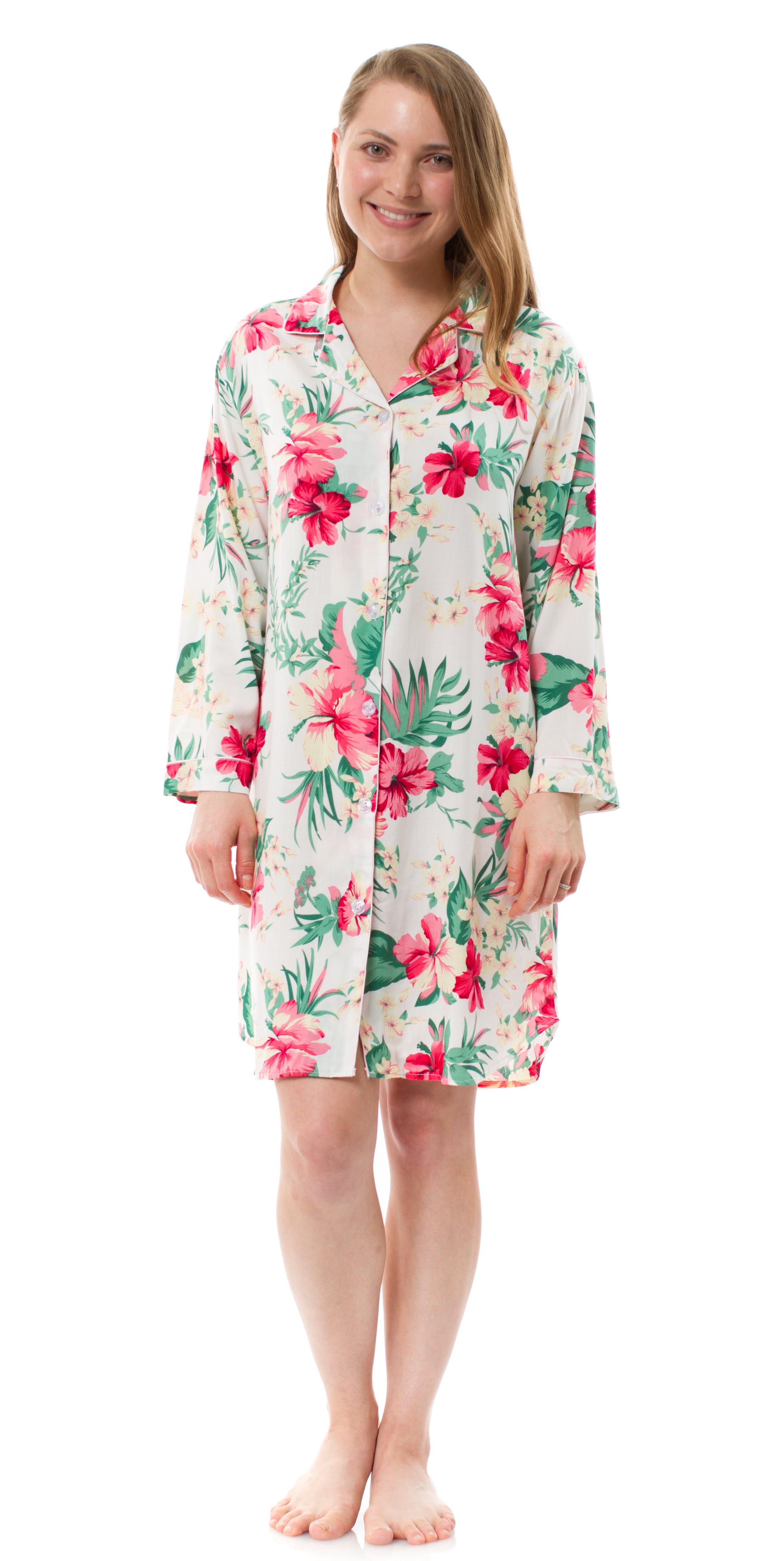 Women's Hibiscus Button Robe Nightshirt, Long Sleeve Button Down ...