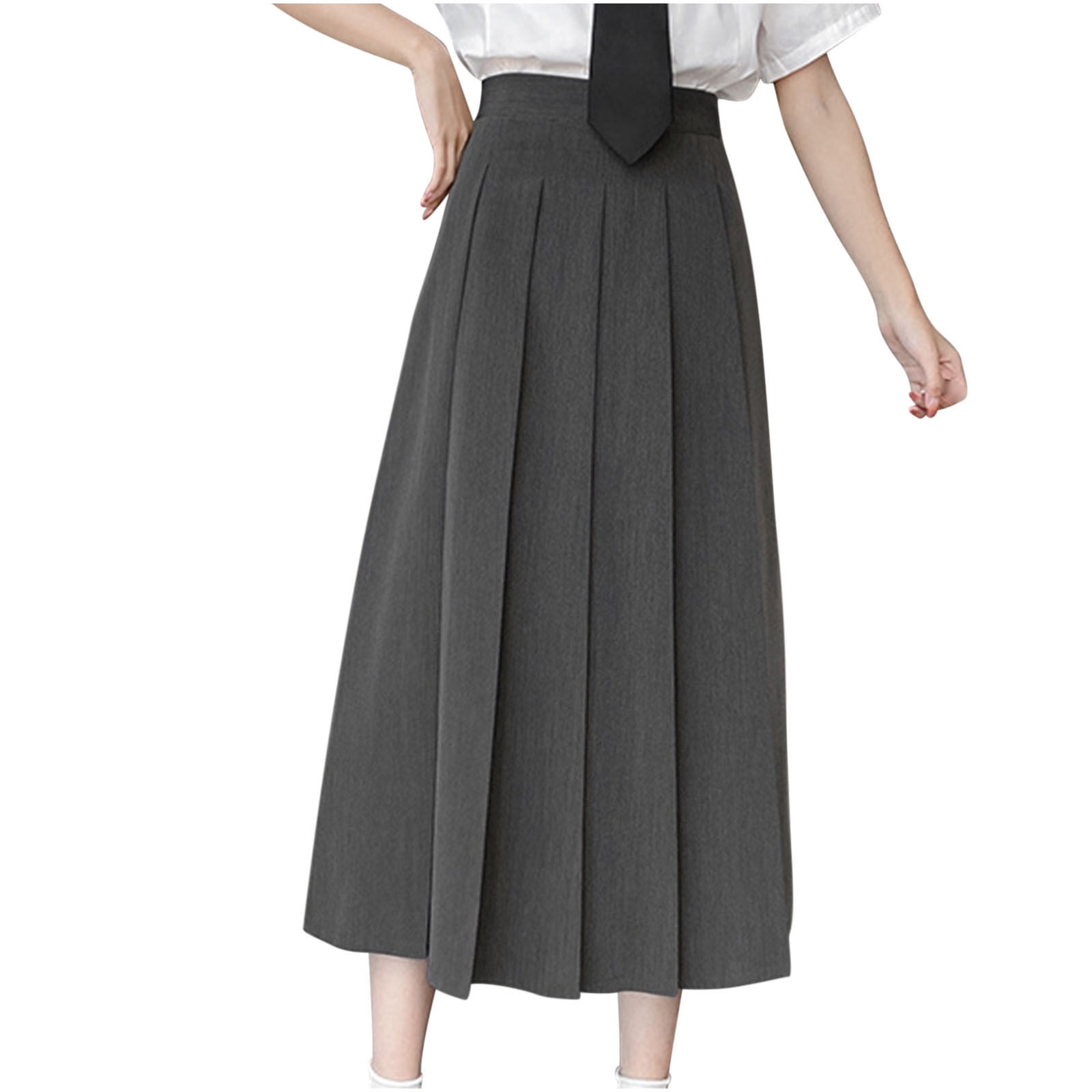 Womens High Elastic Waist Pleated Skirt Midi Swing A Line Skirts Solid