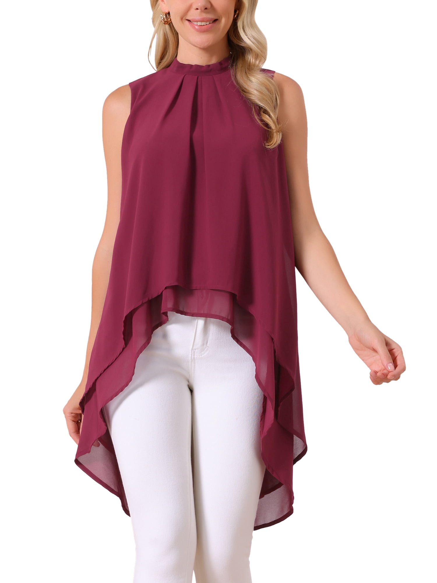 INSPIRE CHIC Women's Chiffon Tops Mock Neck Sleeveless Tie Back High ...