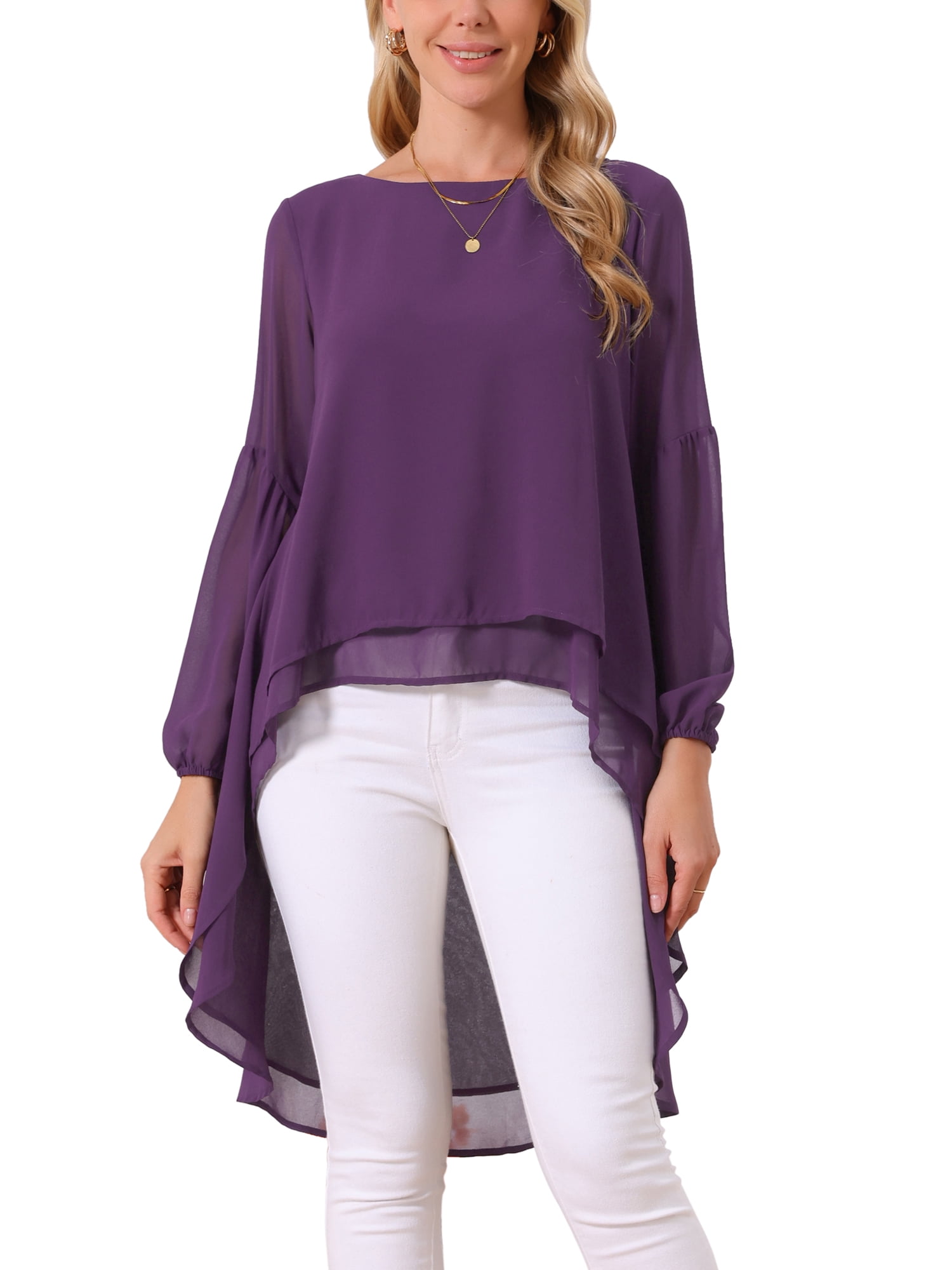 INSPIRE CHIC Women's Round Neck 3/4 Ruffle Split Sleeve High Low ...